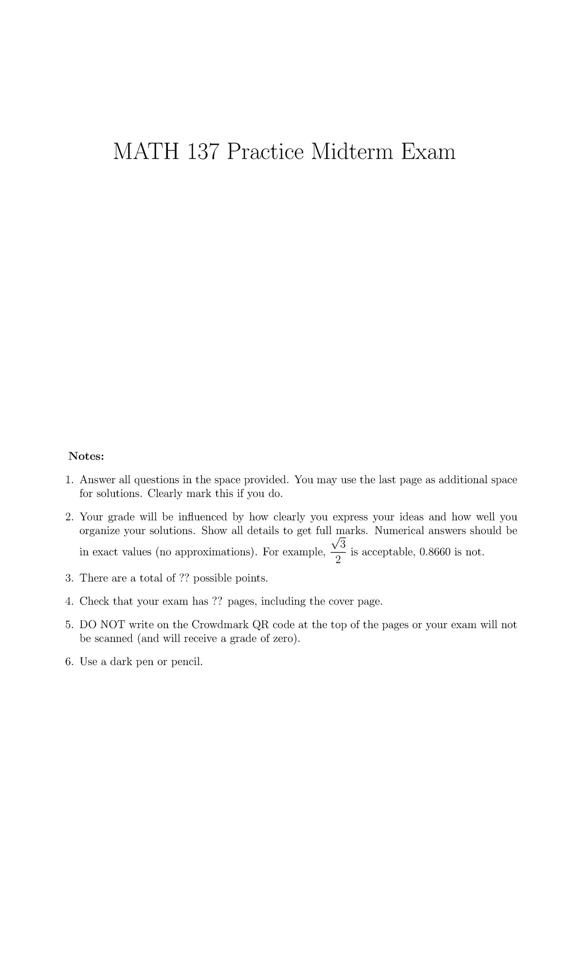 MATH 137 Practice Midterm Exam Notes - Studocu