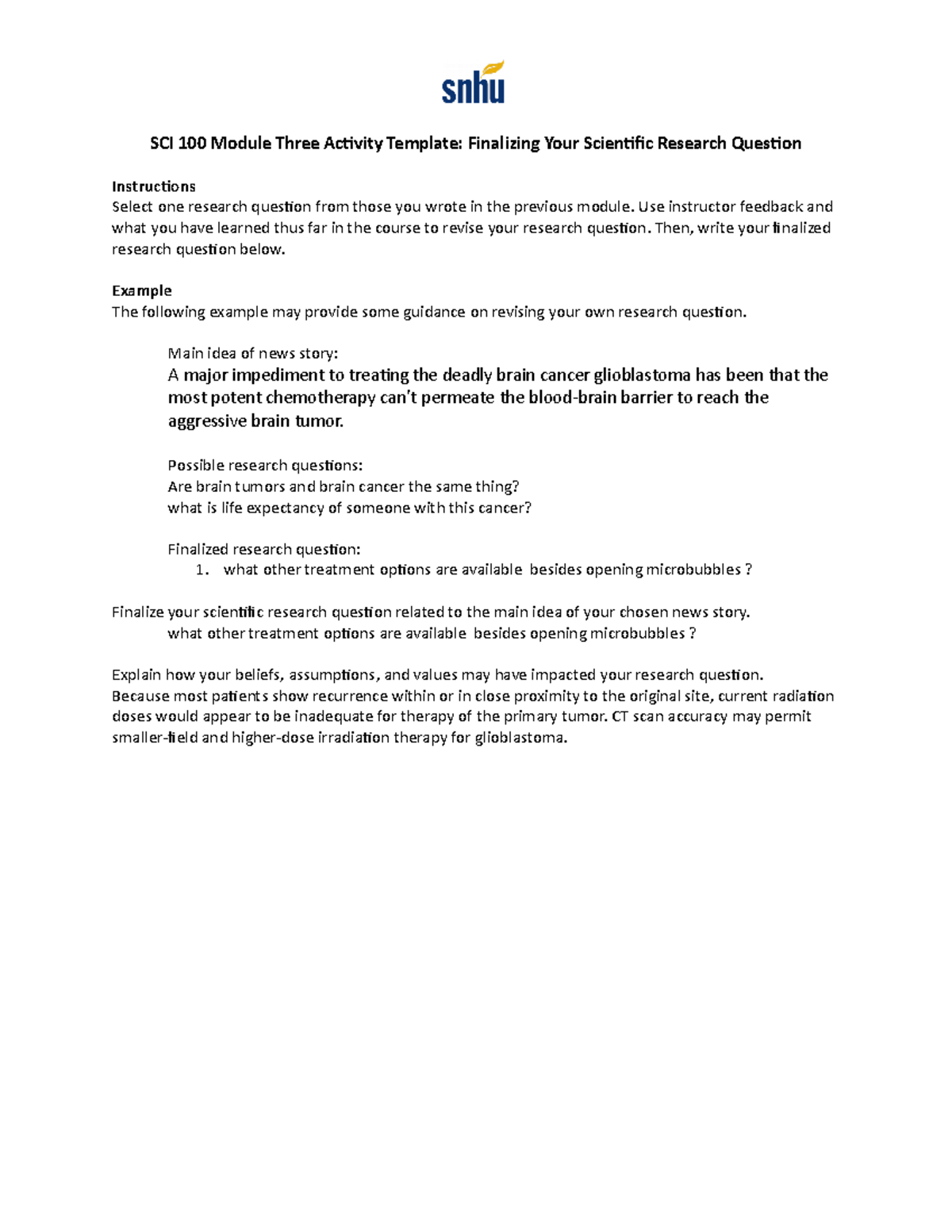 SCI 100 Module Three Activity Template - Use instructor feedback and ...