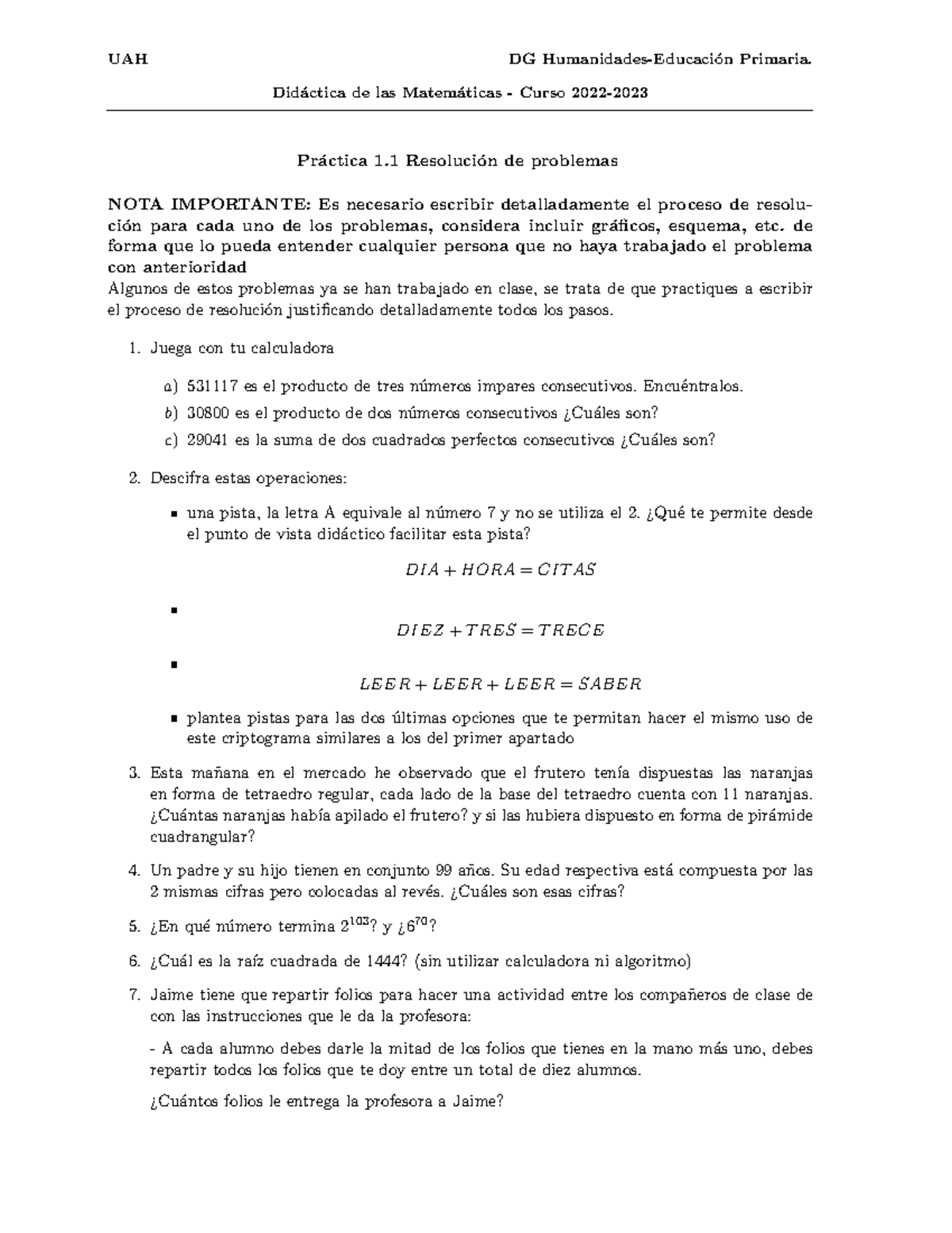 DIDÁCTICA MATEMA - UAH DG Humanidades-Educaci ́on Primaria. Did ́actica de las Matem ́aticas ...