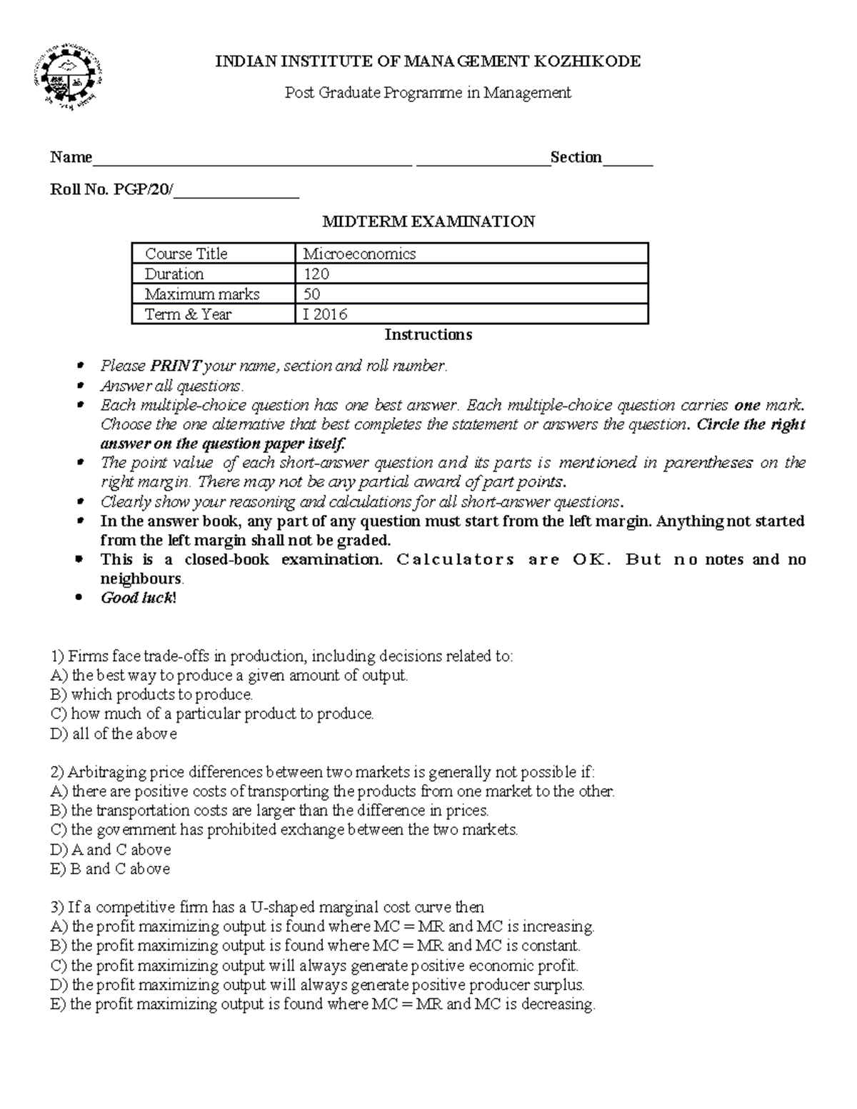 Midterm - 2016 - Answer Key - INDIAN INSTITUTE OF MANAGEMENT KOZHIKODE ...