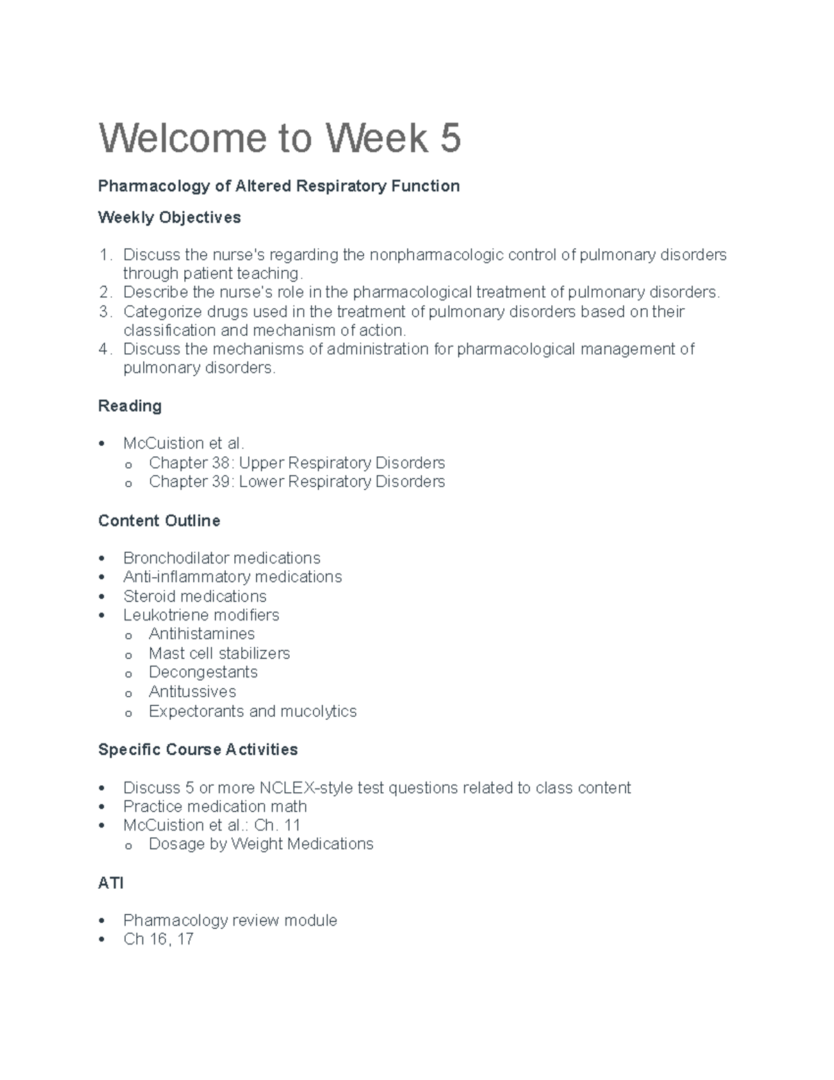 Welcome to Week 5 - Glance Ahead - Welcome to Week 5 Pharmacology of ...
