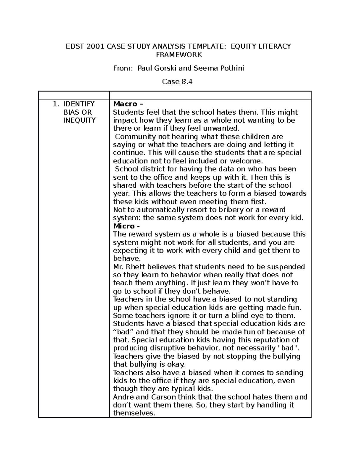 Case study #3 - EDST 2001 CASE STUDY ANALYSIS TEMPLATE: EQUITY LITERACY ...