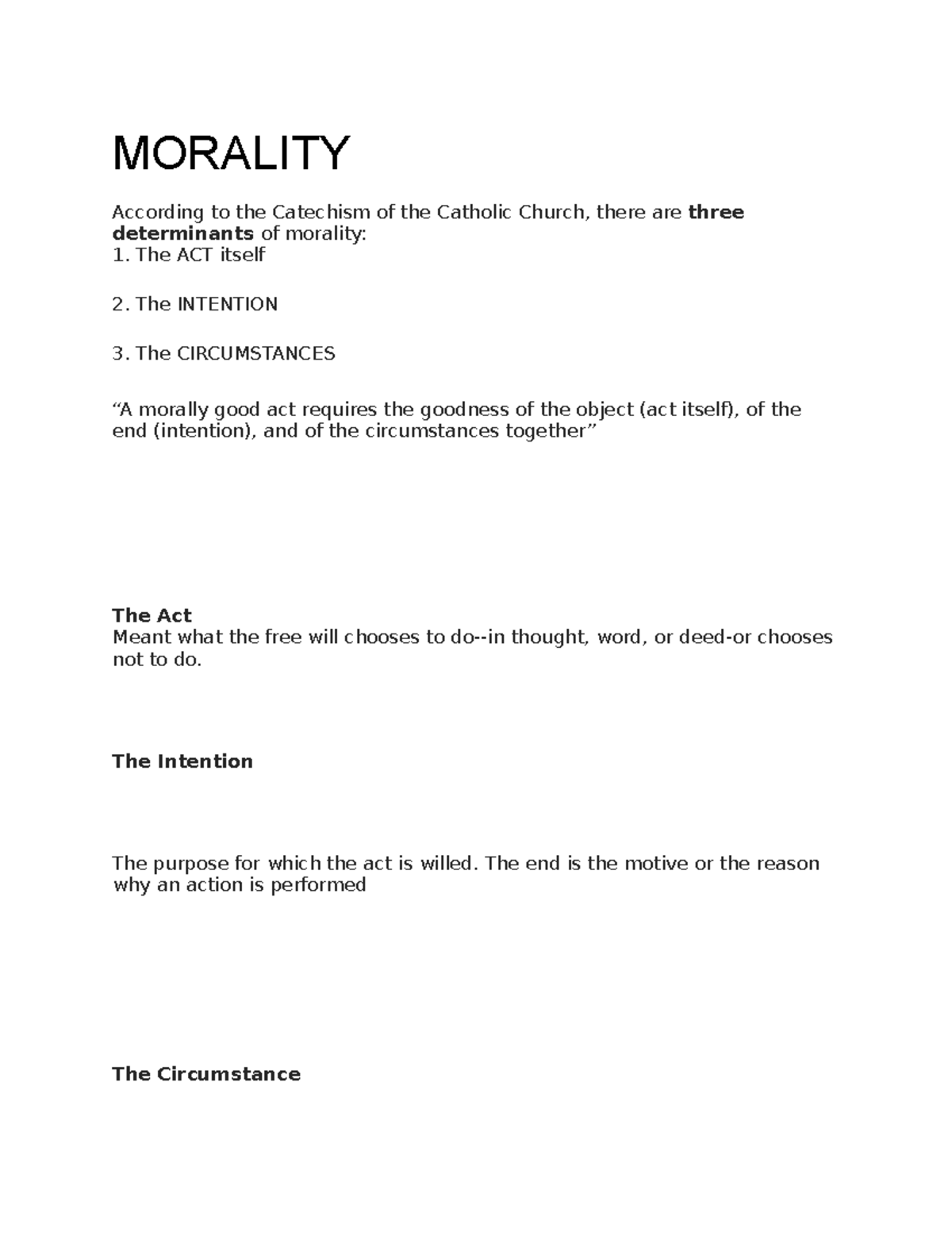 Morality - notes - MORALITY According to the Catechism of the Catholic ...