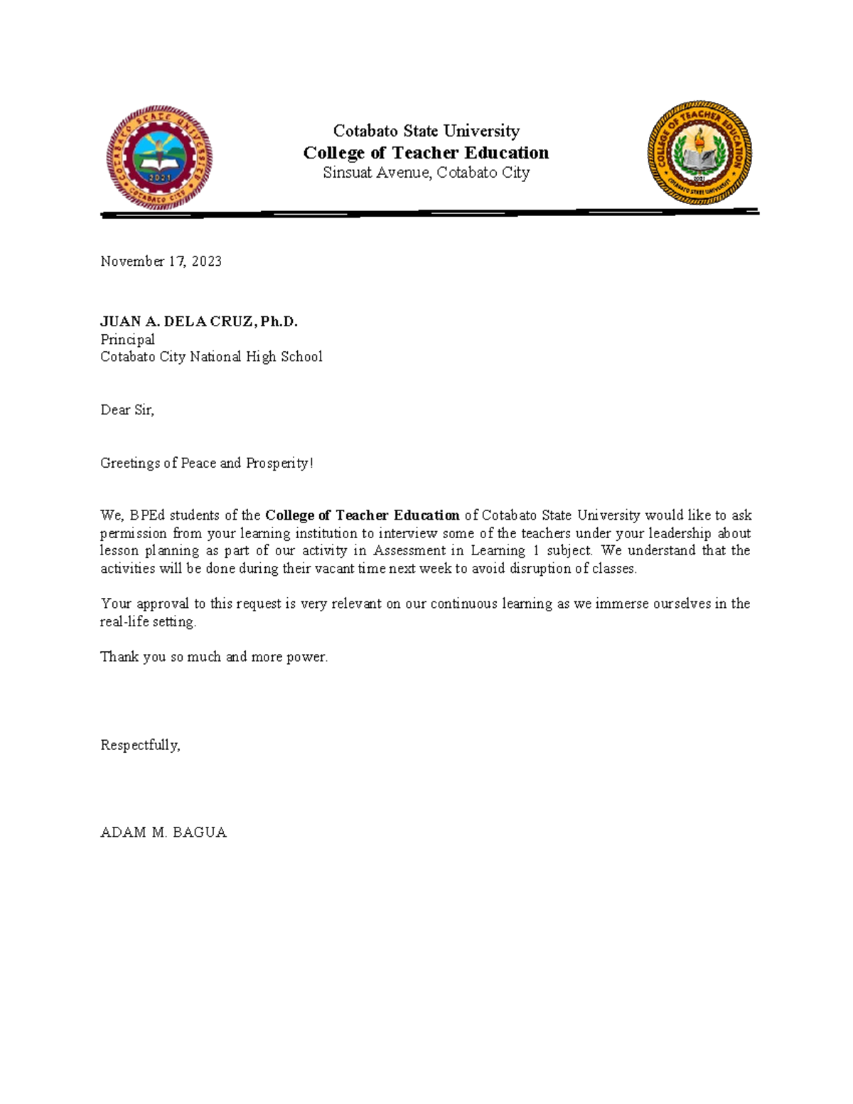 BPEd Letter to School Head - Cotabato State University College of ...