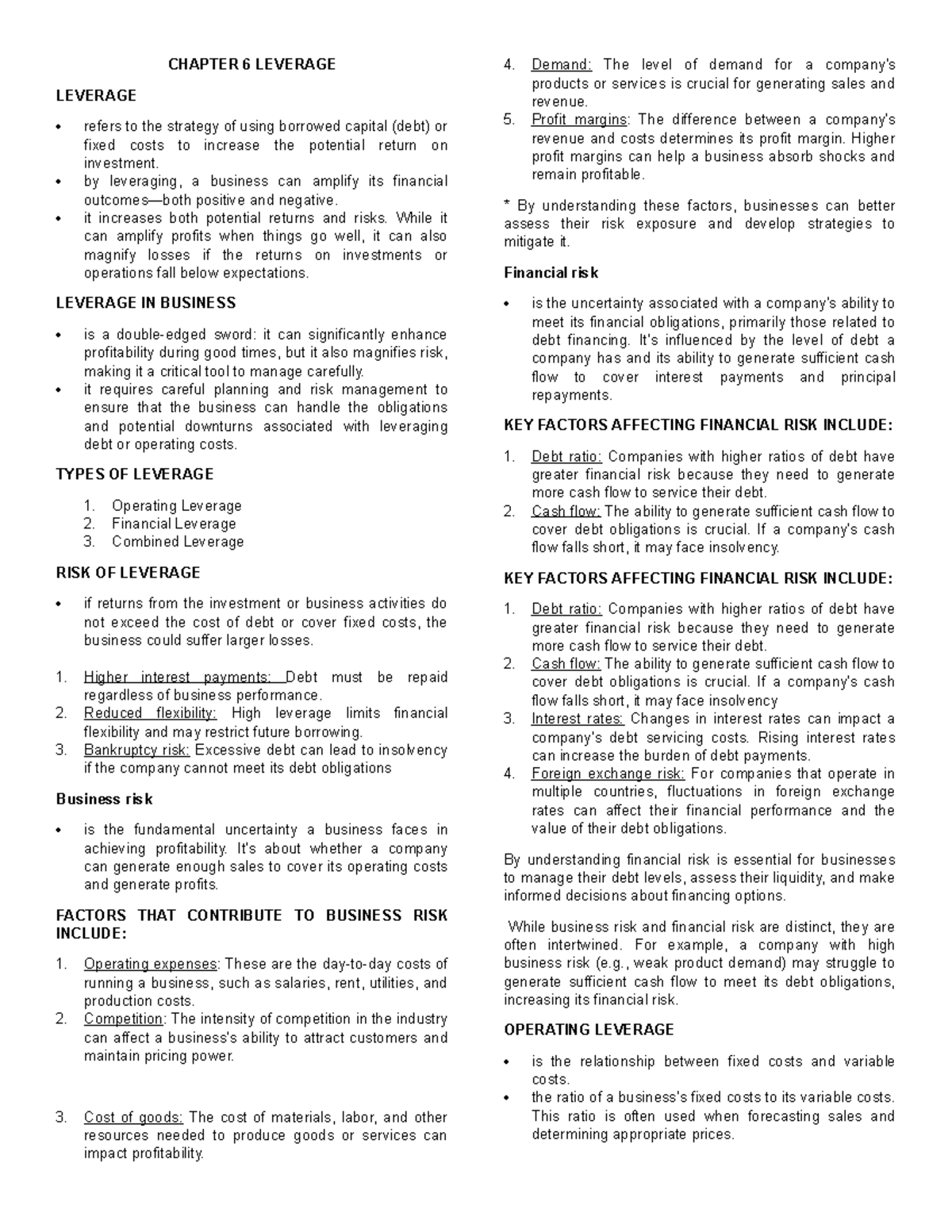 Chapter 6 Leverage - CHAPTER 6 LEVERAGE LEVERAGE refers to the strategy of using borrowed ...