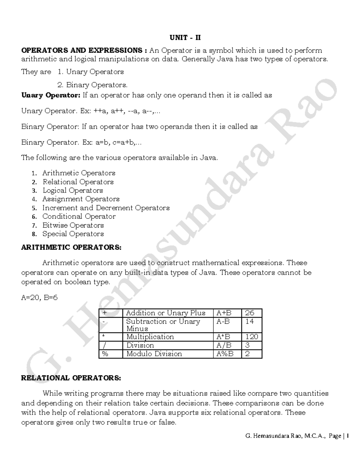 JAVA-UNIT-2 - 2020-2021 - UNIT II OPERATORS AND EXPRESSIONS : An Operator is a symbol which is ...