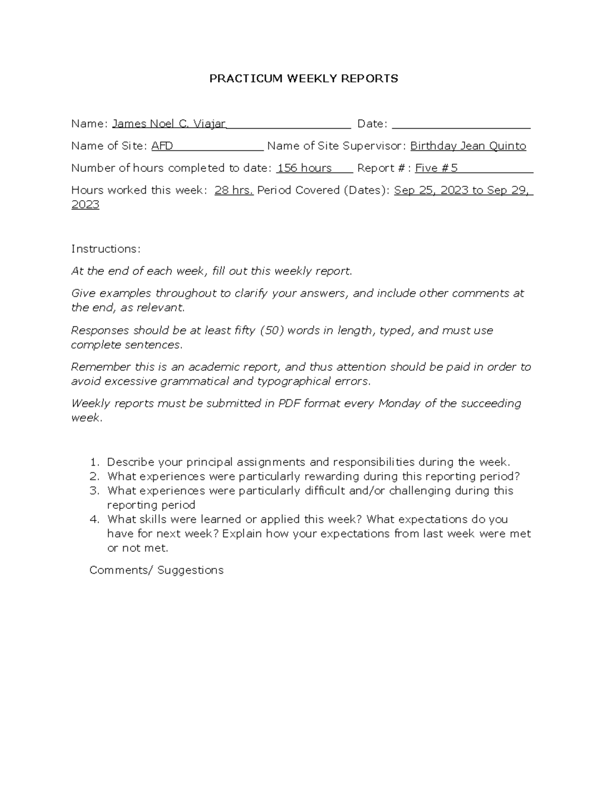 Week5 Practicum Weekly Reports - PRACTICUM WEEKLY REPORTS Name: James ...