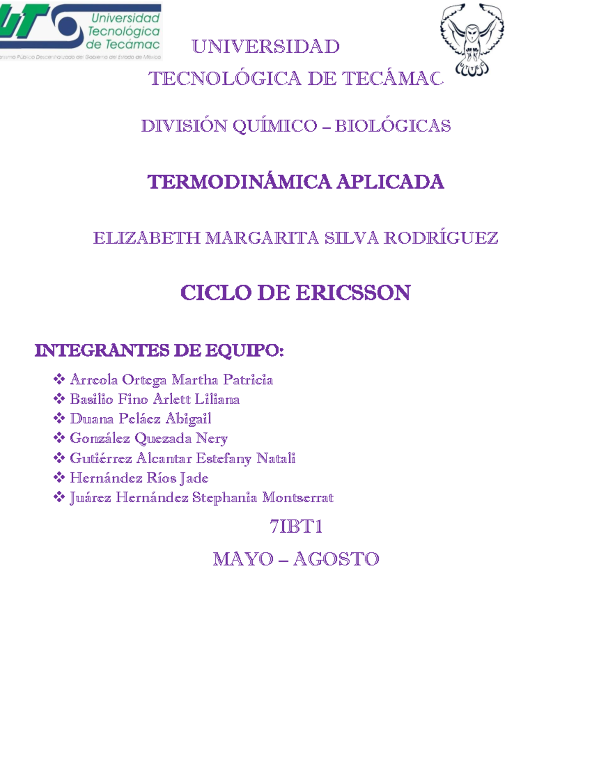 Ciclo de Ericsson - Formulas y ejercicio - UNIVERSIDAD TECNOL”GICA DE TEC¡MAC DIVISI”N QUÕMICO ...