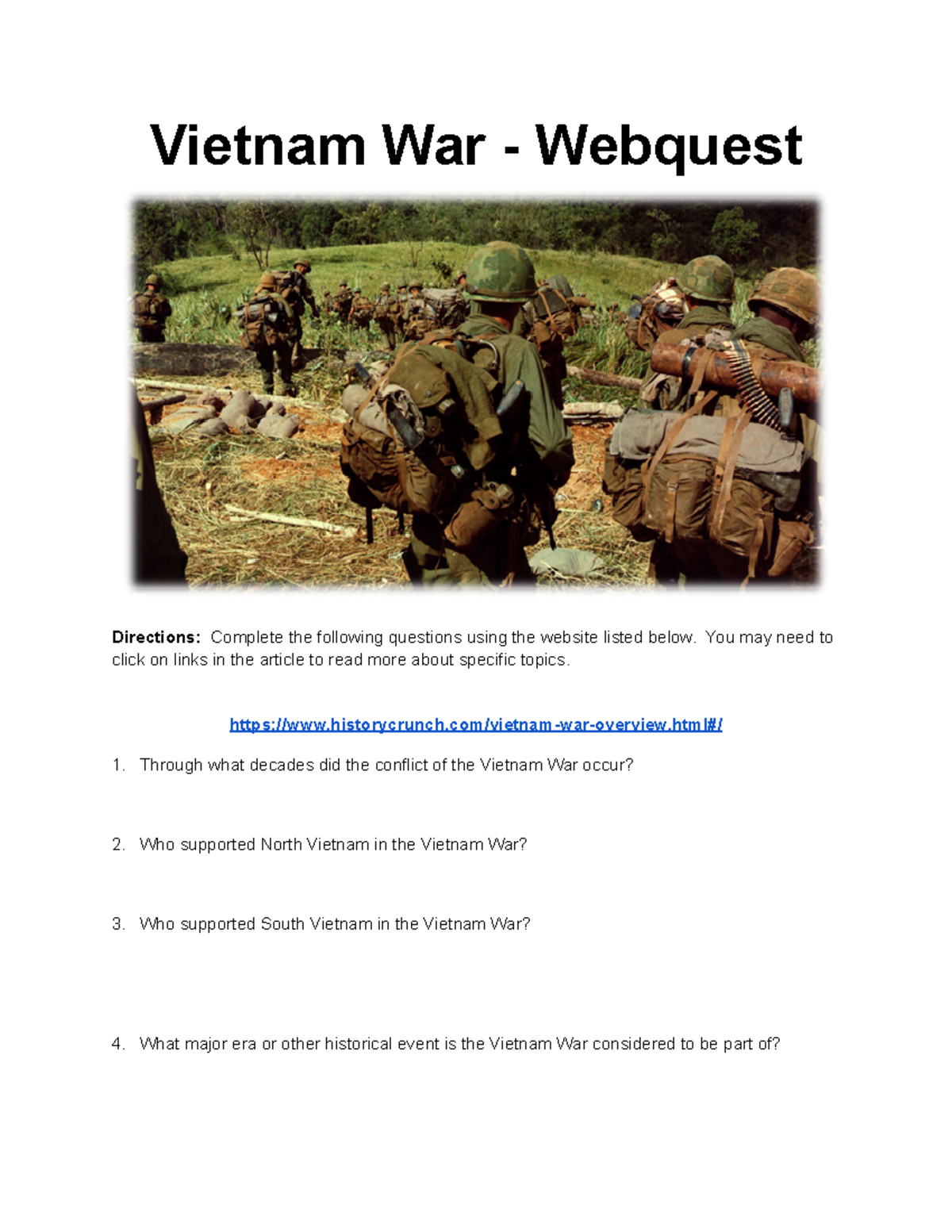 Vietnam War - Webquest - Vietnam War - Webquest Directions: Complete ...