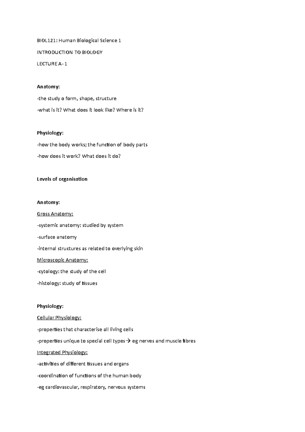 BIOL121- Lecture A- 1 - BIOL121: Human Biological Science 1 ...