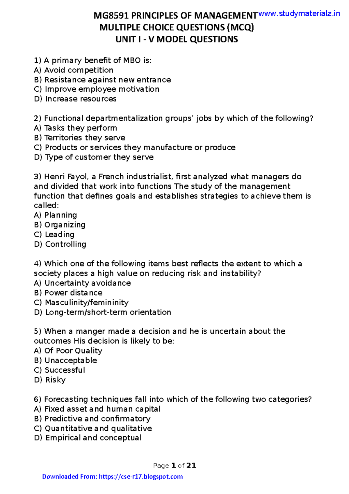 MG8591 POM All MCQ 1 - Its a prepared class questionnaire for POM ...
