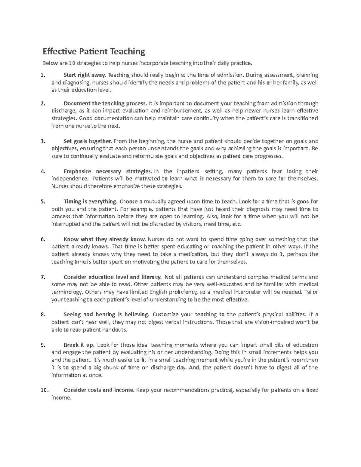 Effective Patient Teaching - Effective Patient Teaching Below are 10 ...