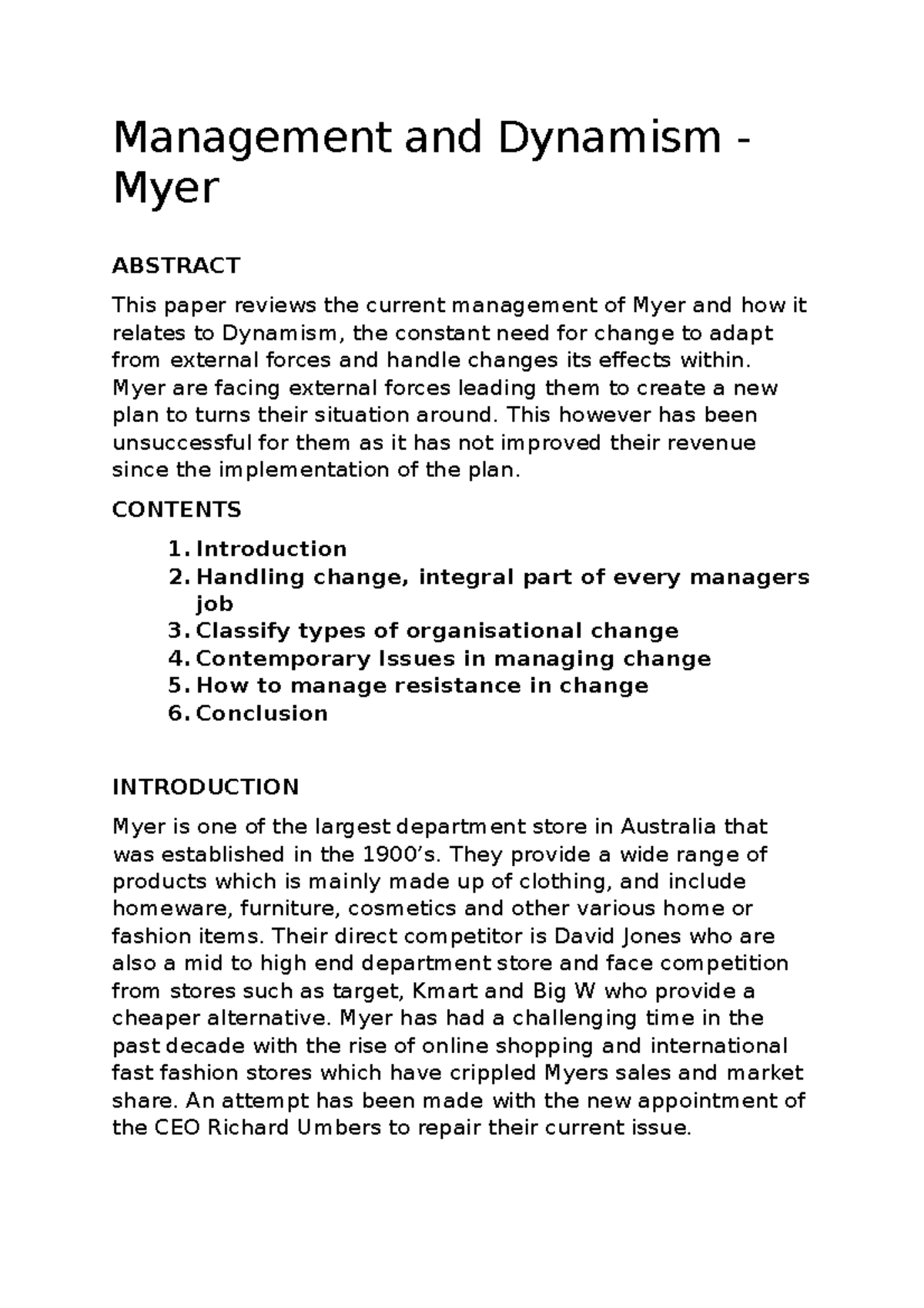 Final Myer management Dynamism - Management and Dynamism - Myer ...