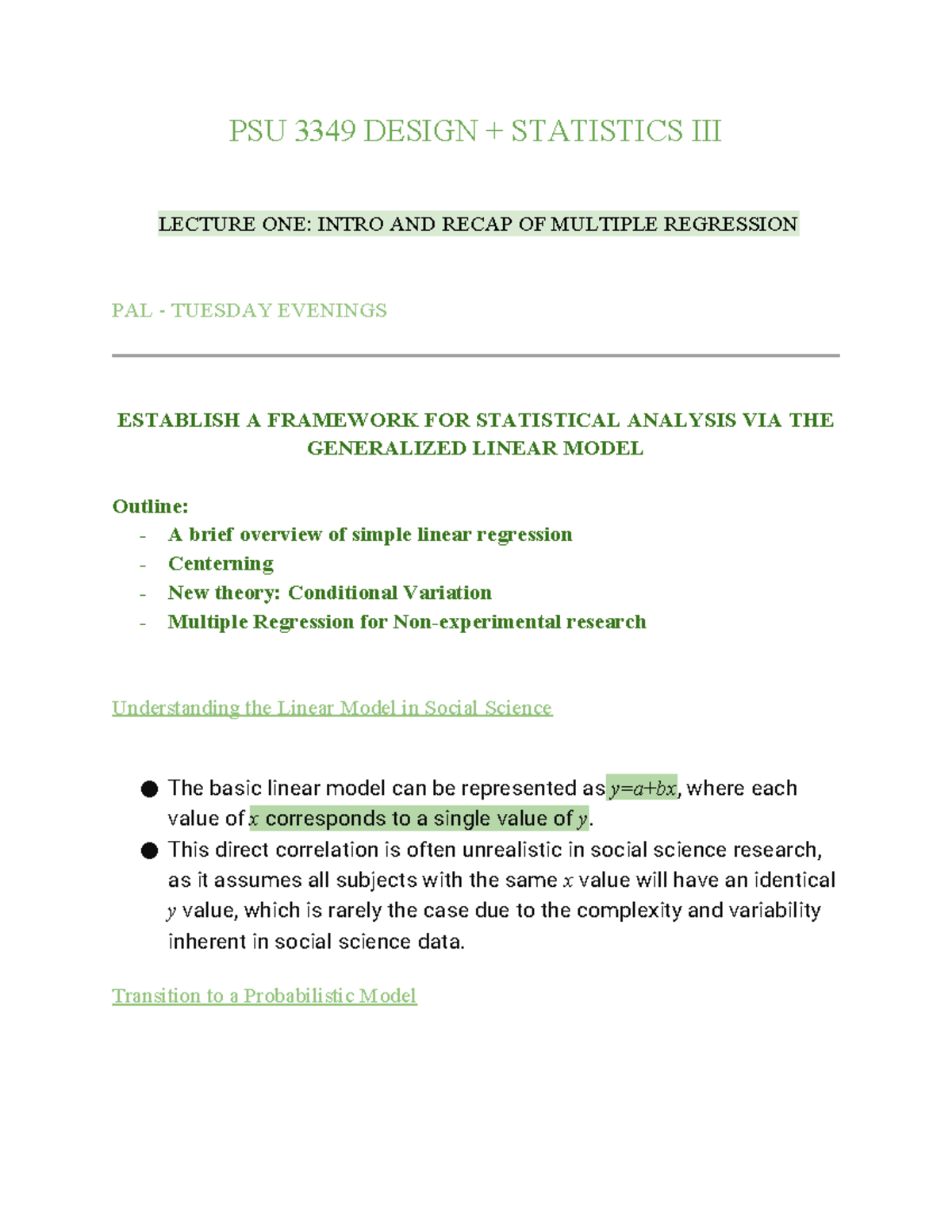 Week 1 Mutiple Regression - PSU 3349 DESIGN + STATISTICS III LECTURE ONE: INTRO AND RECAP OF ...