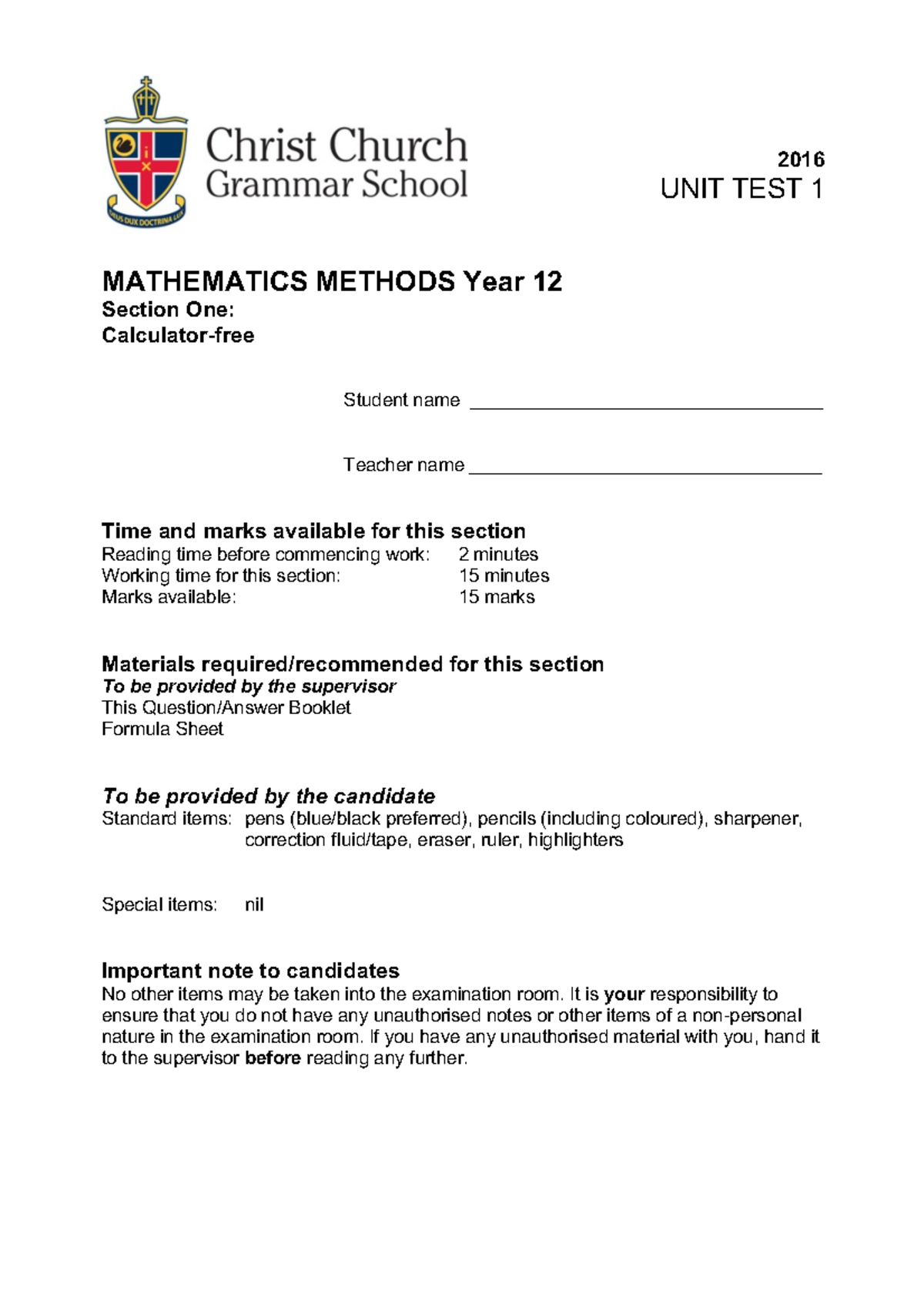 2016 Methods Y12 Test 1 - test - 2016 UNIT TEST 1 MATHEMATICS METHODS ...