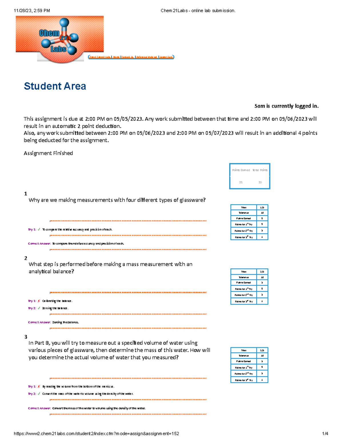 Experiment 1 (Part B): Pre-Lab Quiz - Points Earned Total Points 21 25 ...