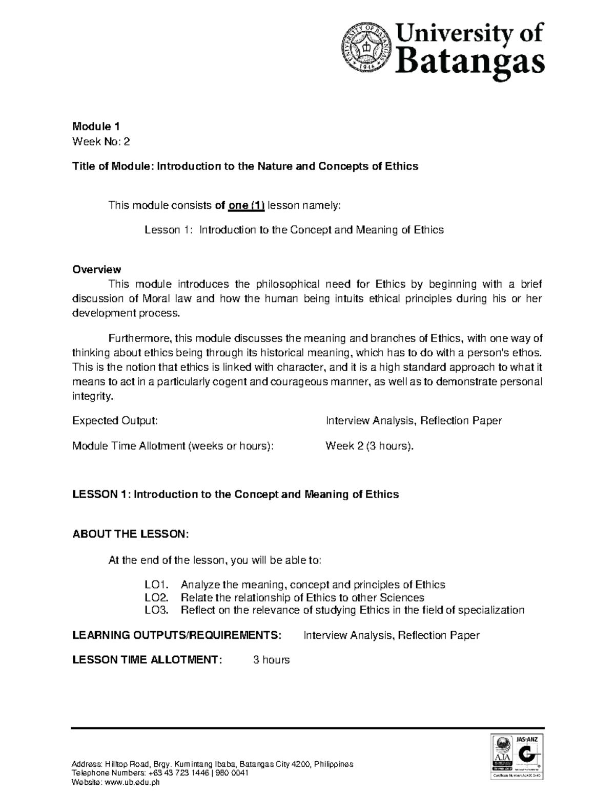 Module 1 Introduction to Ethics New Template - Address: Hilltop Road, Brgy. Kumintang Ibaba ...