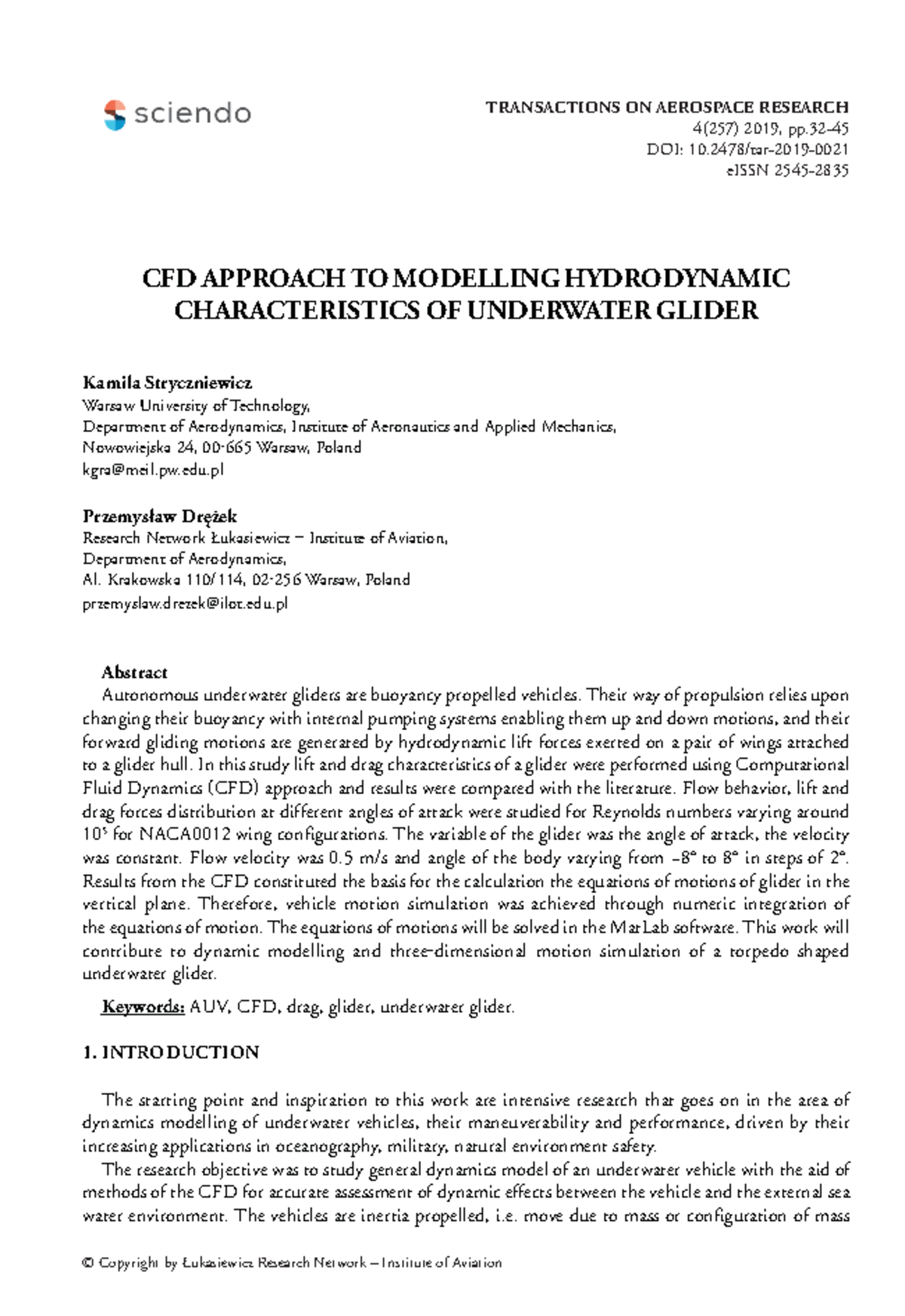 CFD Approach to Modelling Hydrodynamic Characteristics of Underwater Glider - transactions on ...