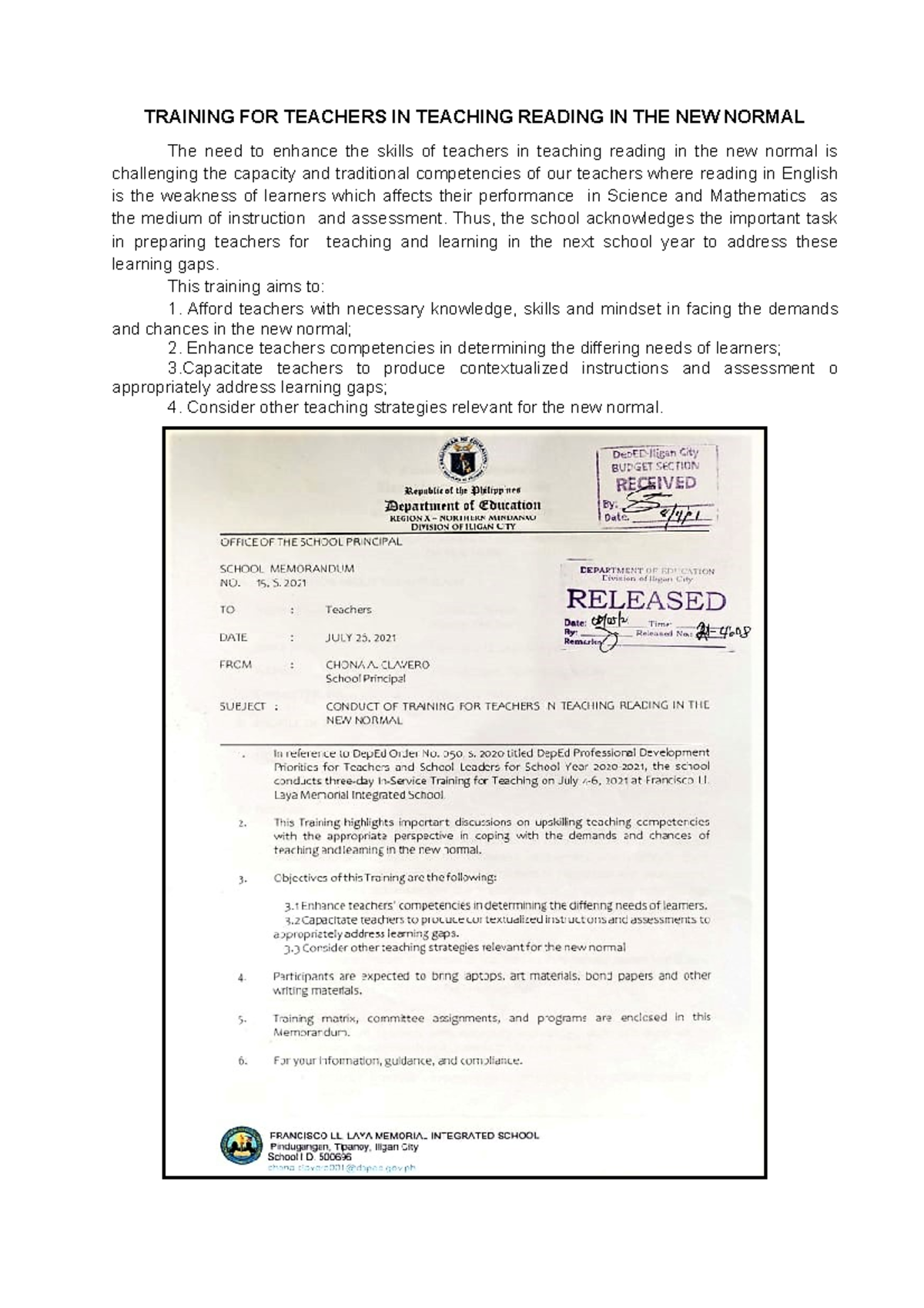 Training on Reading - Copy - TRAINING FOR TEACHERS IN TEACHING READING ...