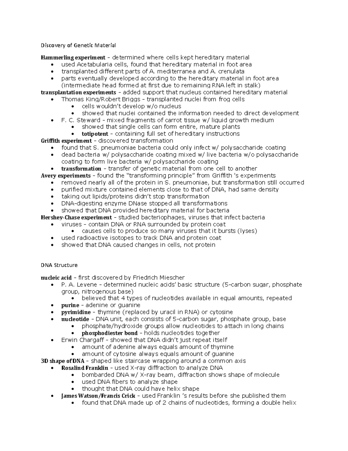 Bi 4 - Lecture notes 4 - Discovery of Genetic Material Hammerling ...