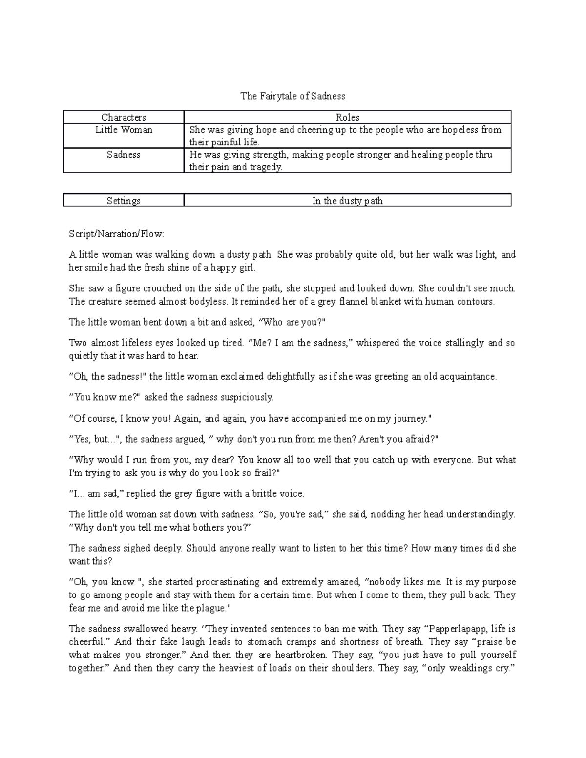 Creative Writing Grade 12 - The Fairytale of Sadness Characters Roles ...