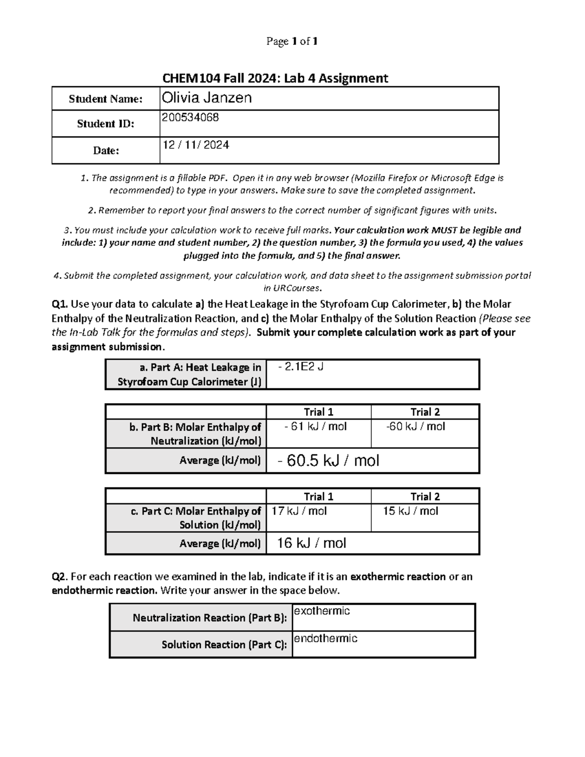 CHEM104 F2024 Lab 4 Assignment - Page 1 of 1 CHEM104 Fall 2024 : Lab 4 Assignment Student Name ...