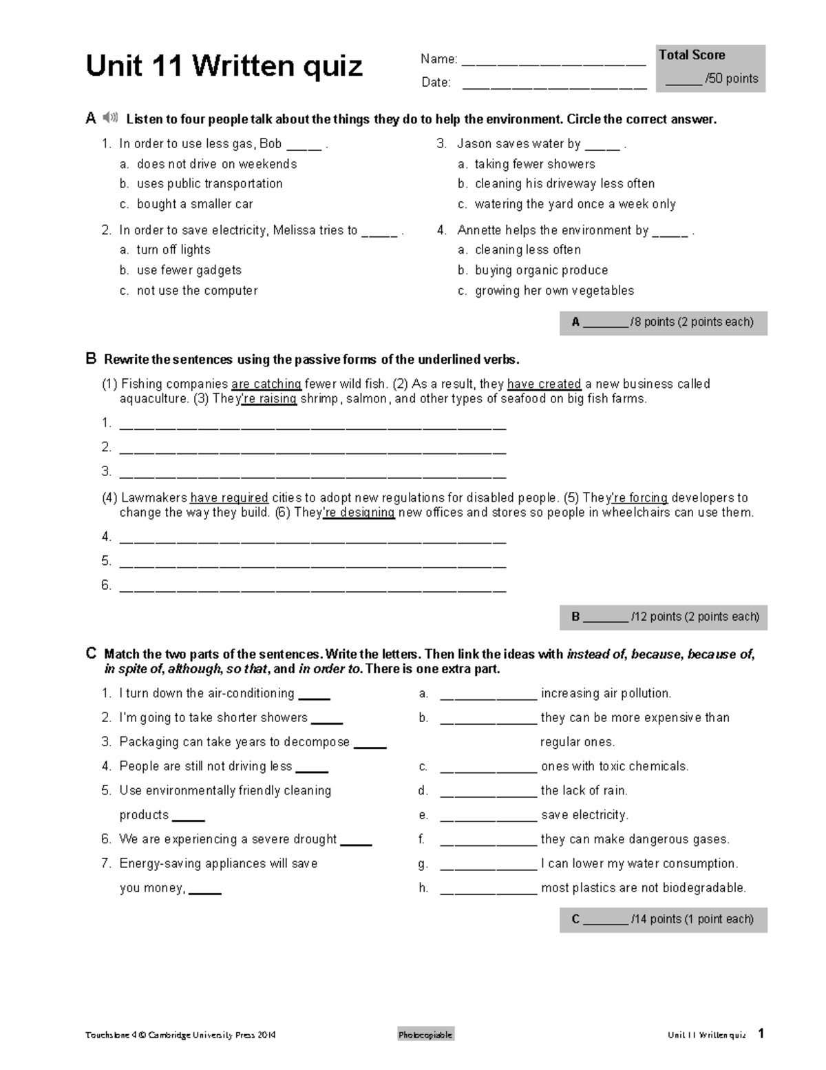 Course 16 UNIT 11 Written QUIZ - Touchstone 4 © Cambridge University ...