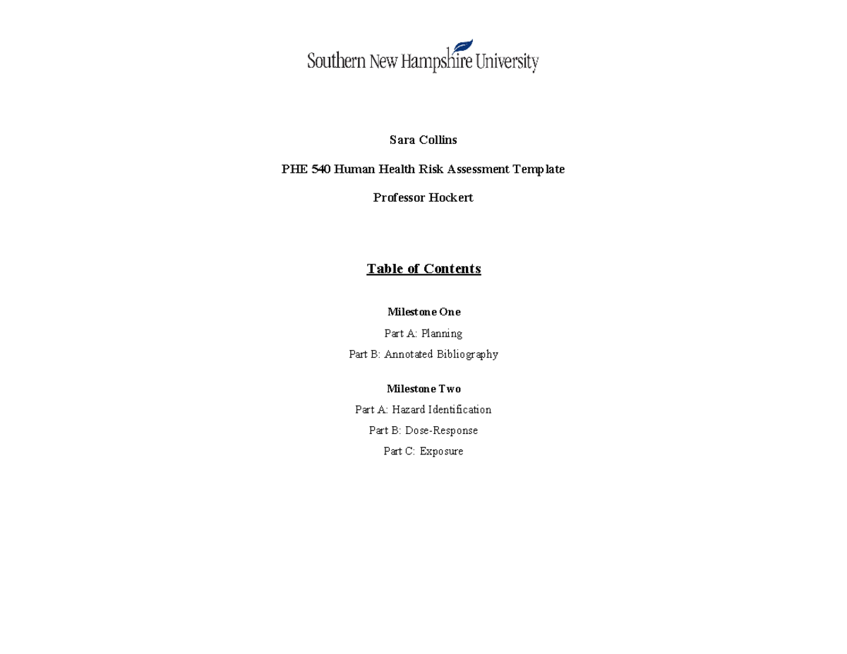 Milestone 1 PHE 540 Human Health Risk Assessment Template - Sara ...