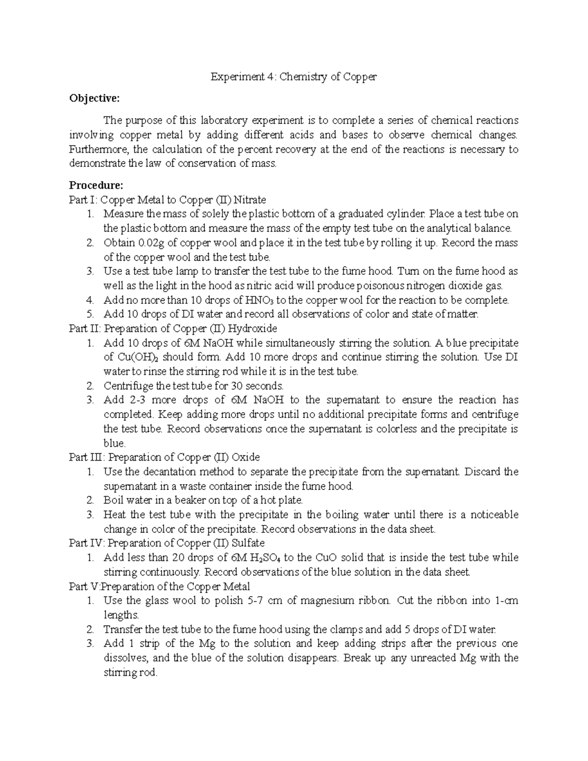 Experiment 4 Pre-Lab Journal - Experiment 4: Chemistry of Copper Objective: The purpose of this ...