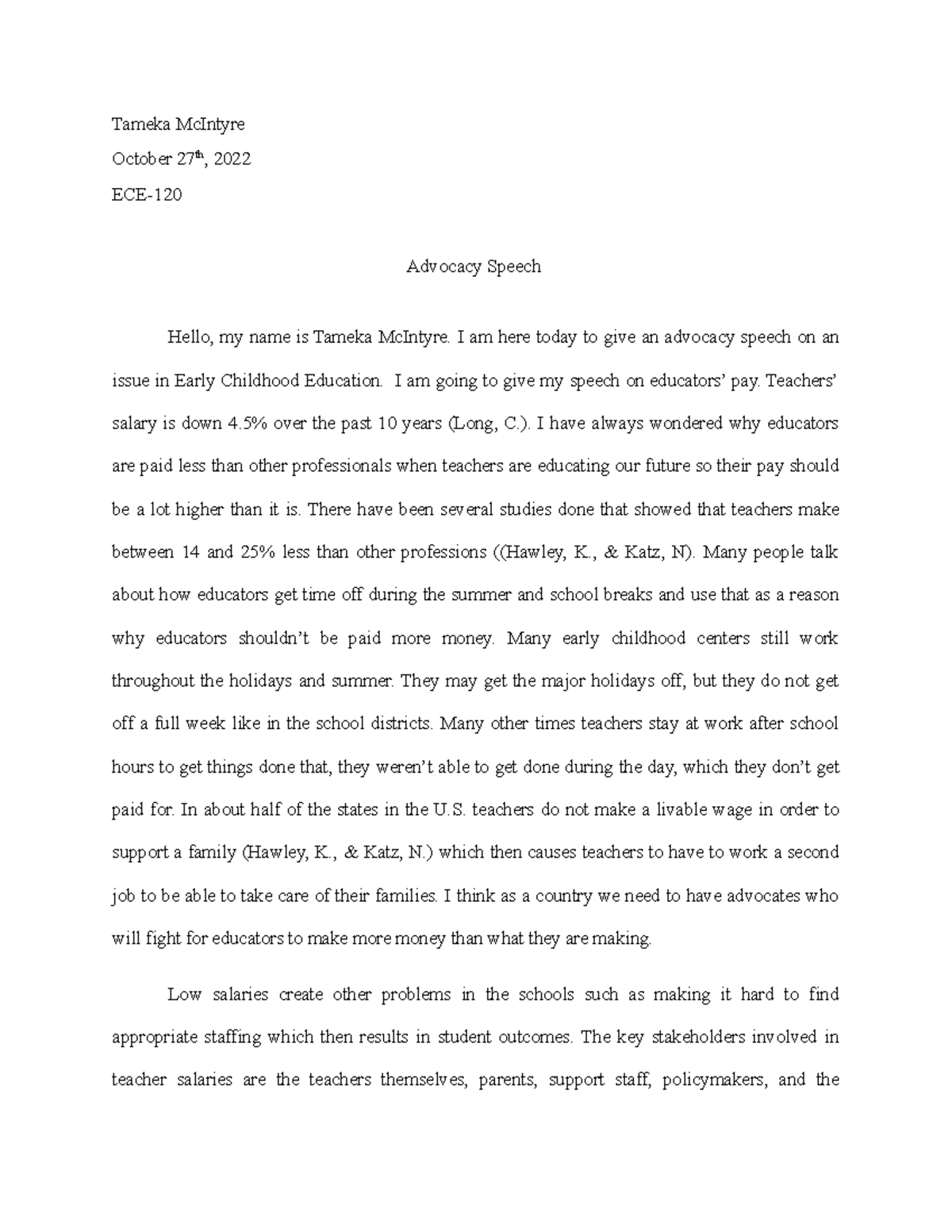 Adovcacy speech - good grade - Tameka McIntyre October 27th, 2022 ECE ...
