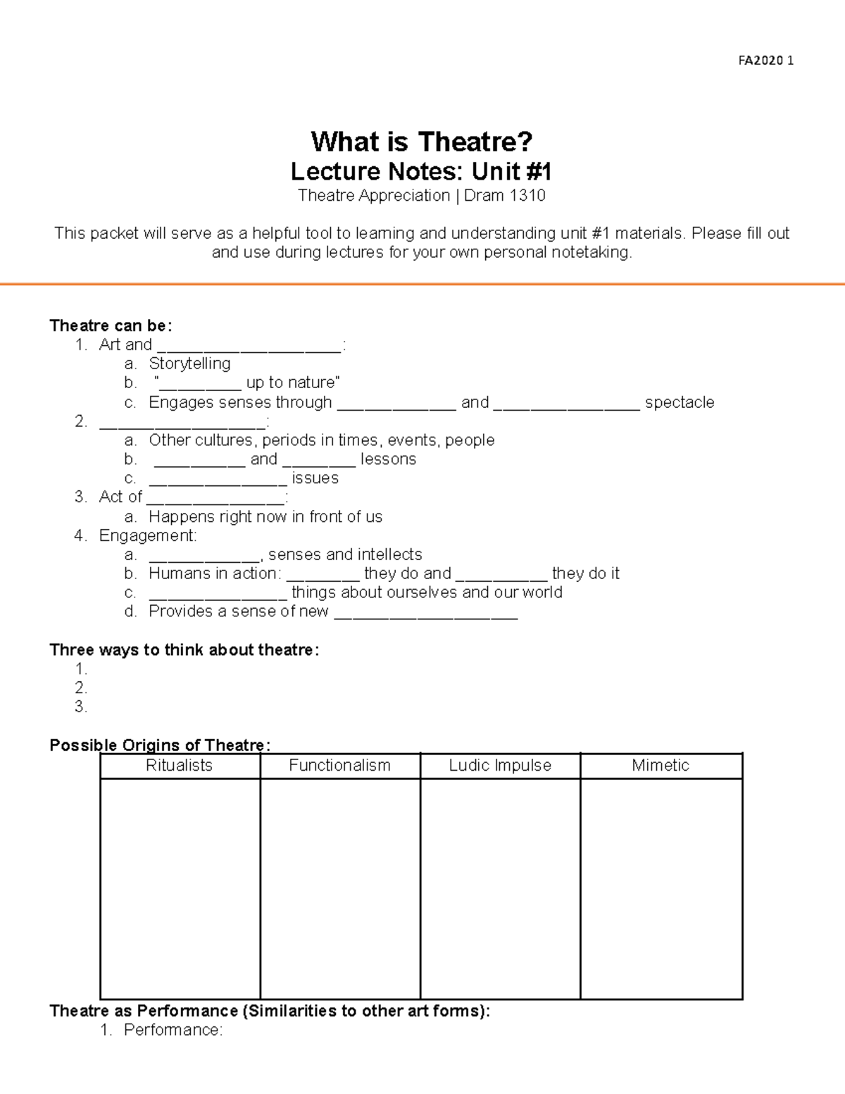 What is Theatre Lecture Notes Unit #1 - What is Theatre? Lecture Notes ...