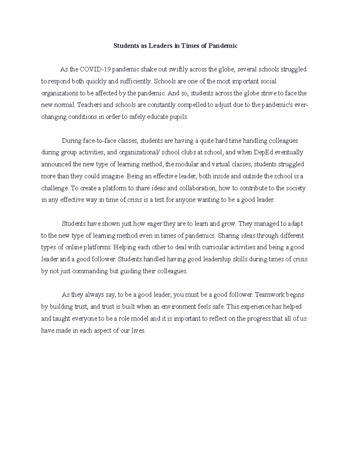 Writing Critical Analysis Essay - Students as Leaders in Times of ...