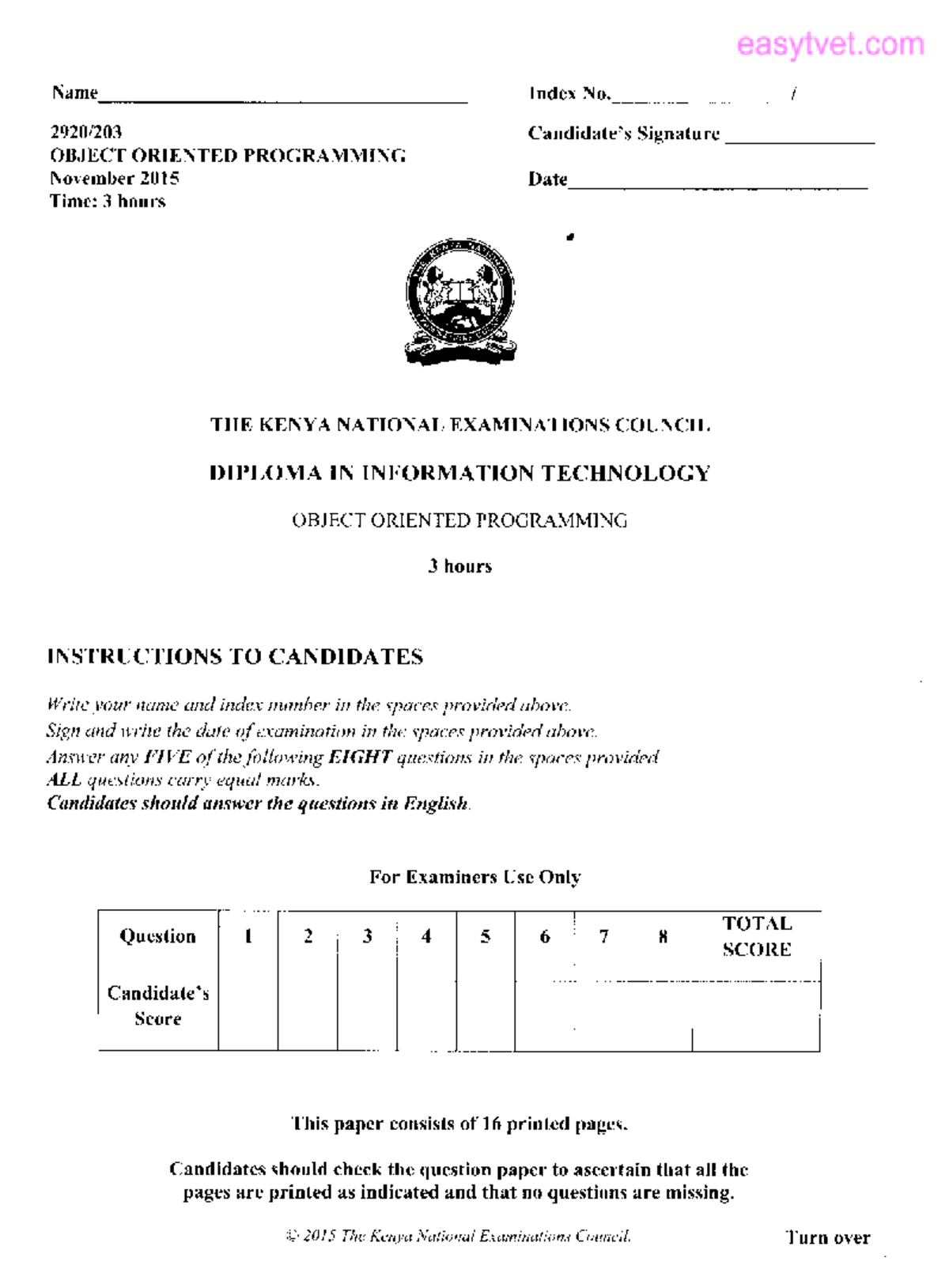 OOP 2015 nov - Copy - knec past paper oop c++ - Information communication technology - Studocu