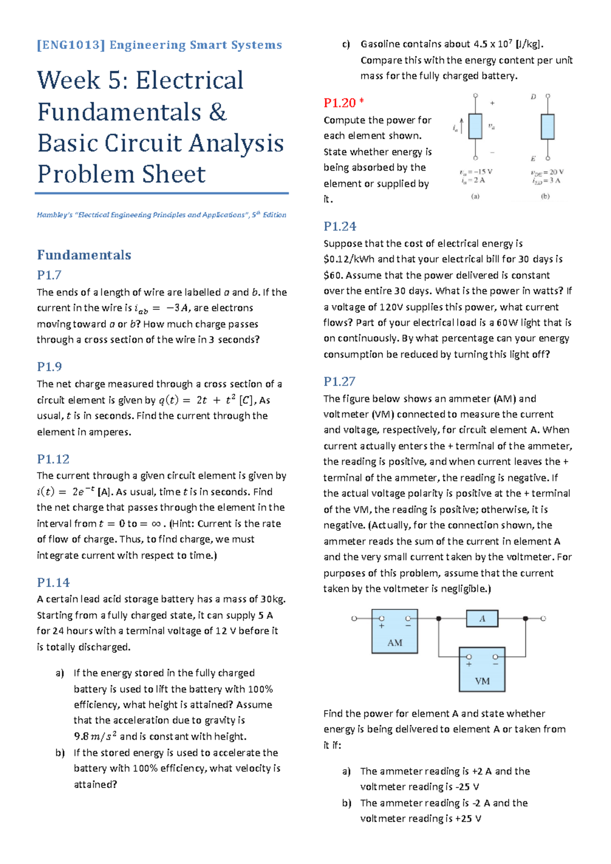 ENG1013 Week 5 Electrical Problem Sheet - [ENG1013] Engineering Smart Systems Week 5: Electrical ...