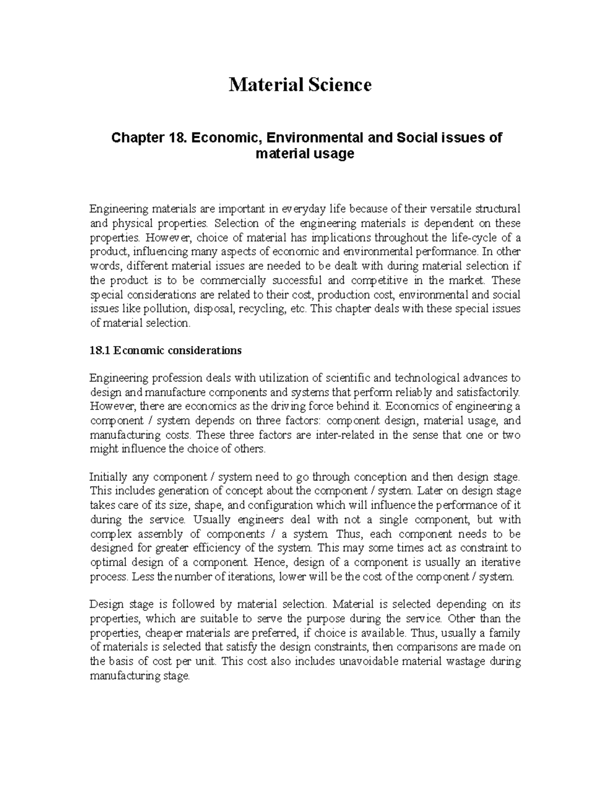 18. Economic, Environmental and Social issues of material usage ...