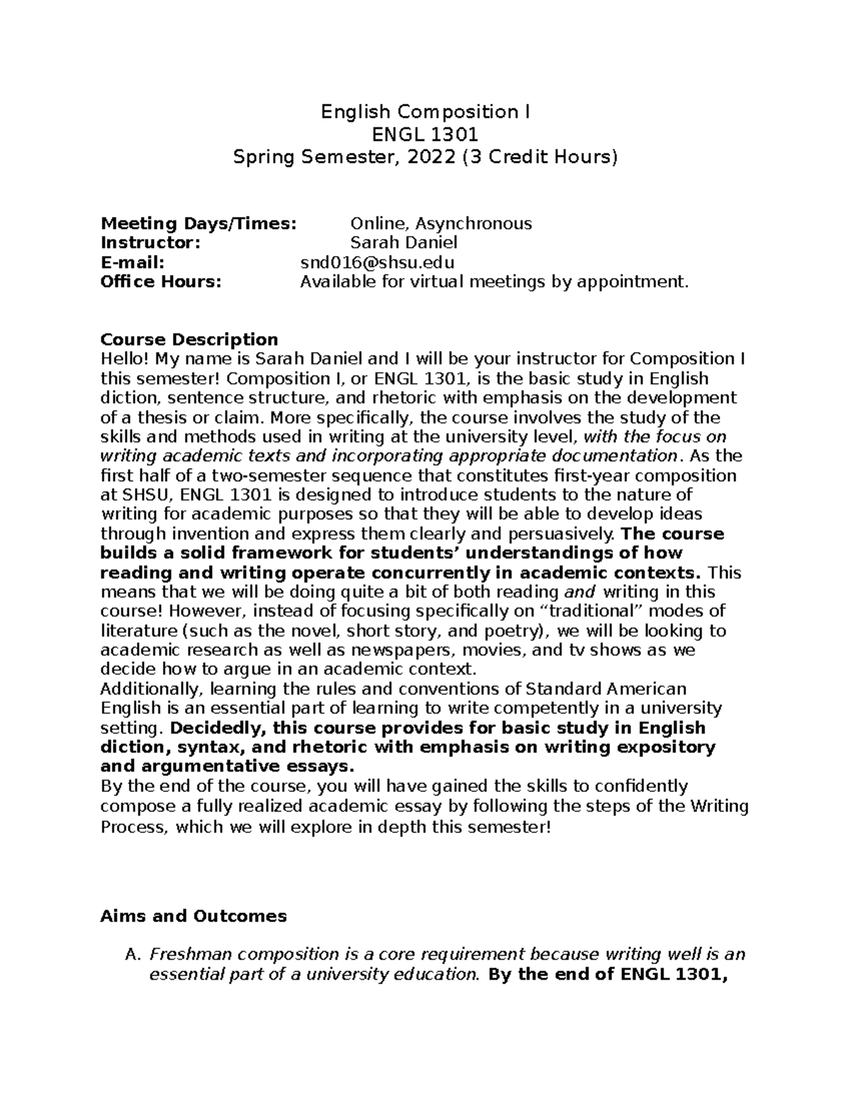 ENGL 1301 Syllabus - English Composition I ENGL 1301 Spring Semester ...