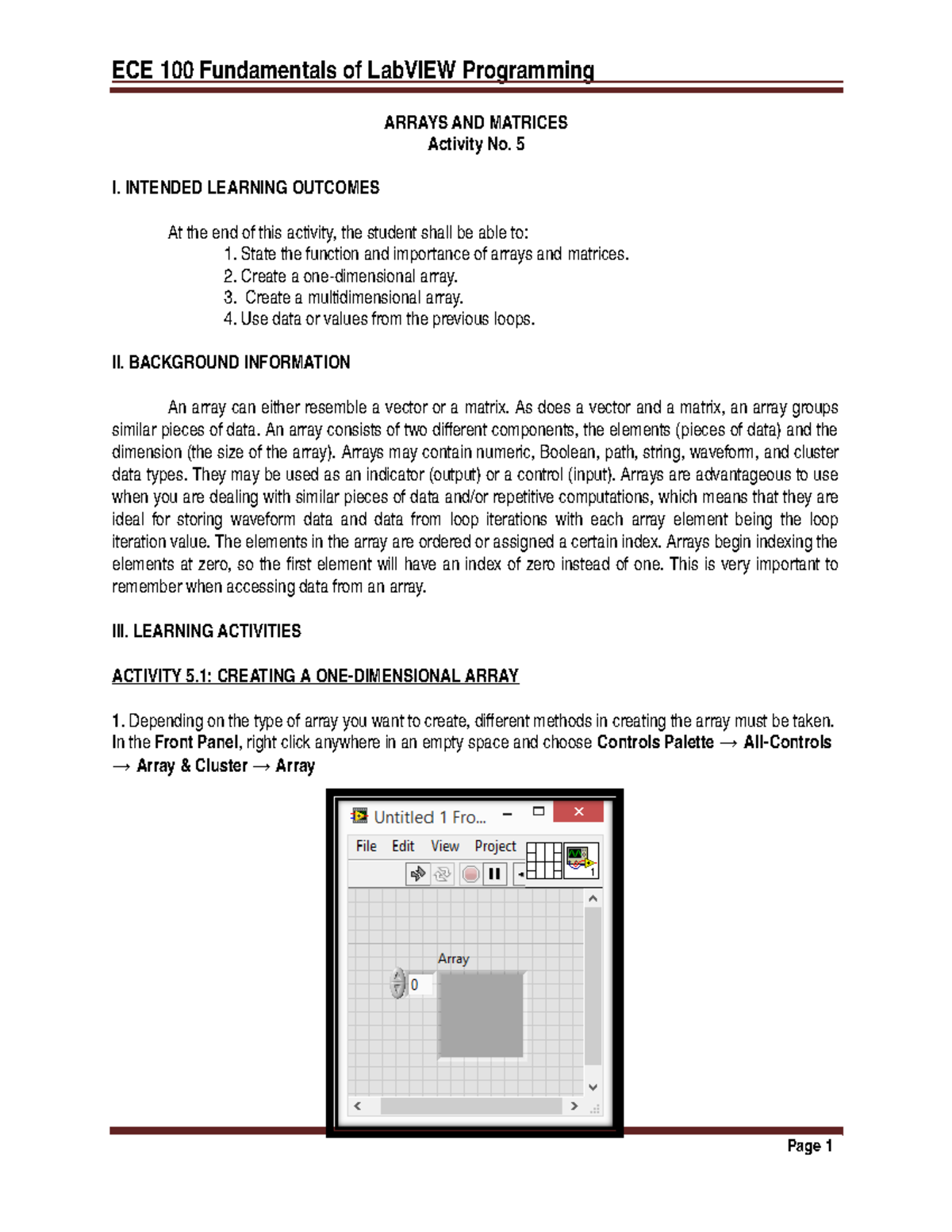 Arrays AND Matrices - Lecture notes 6 - Fundamentals Of Labview ...