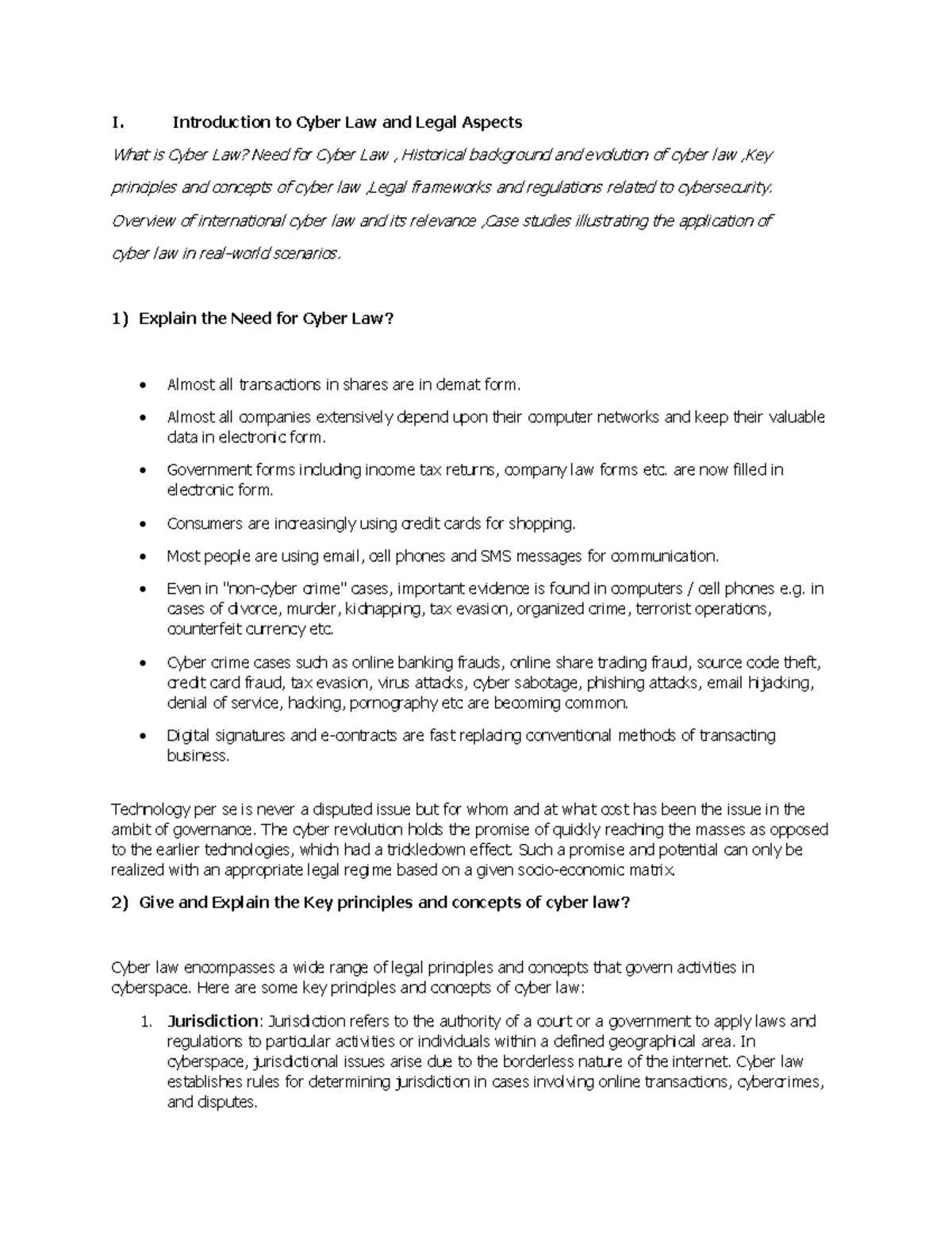 CSLA - Question Bank based - I. Introduction to Cyber Law and Legal ...