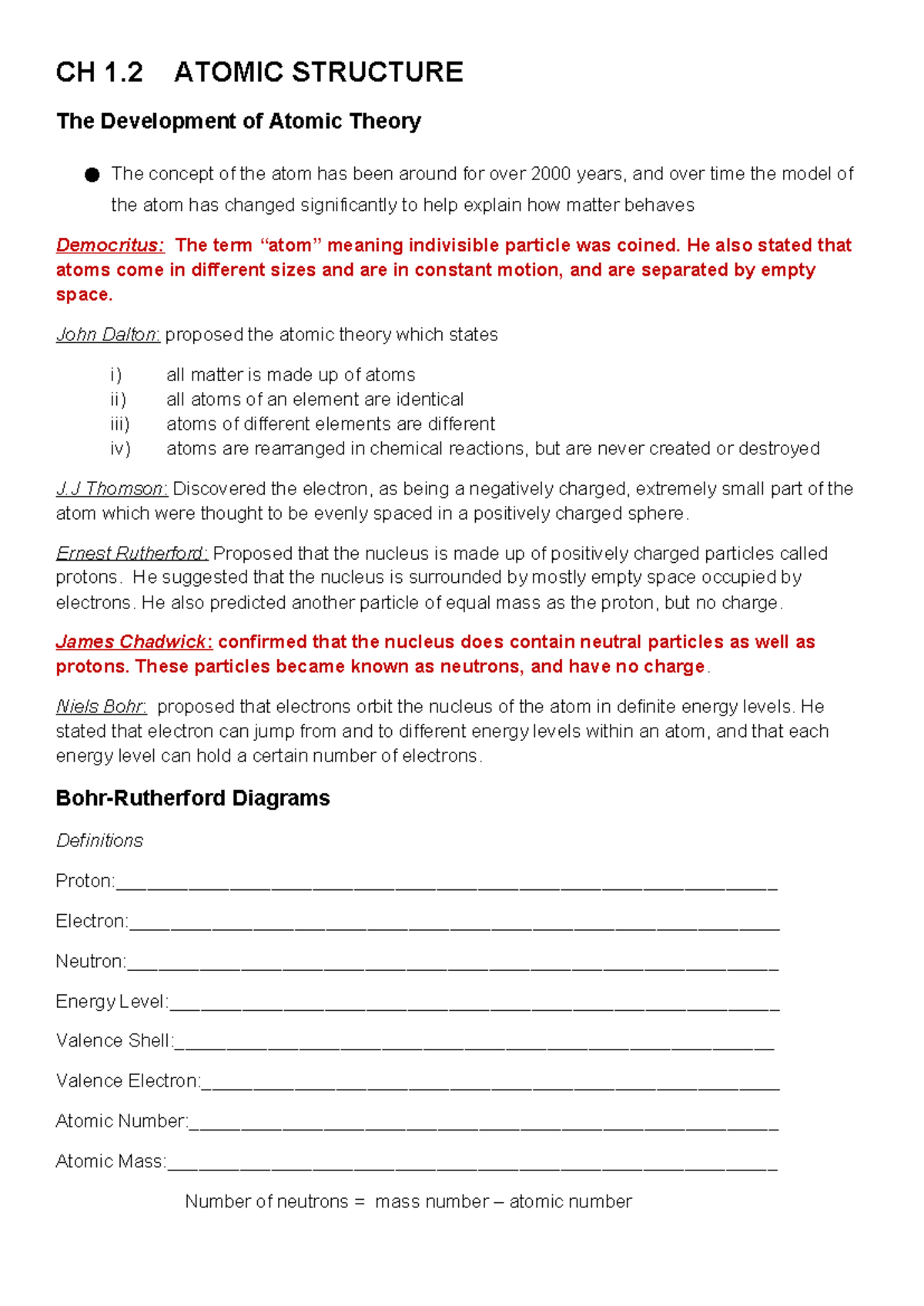 CH 1.2 Atomic Structure - CH 1 ATOMIC STRUCTURE The Development of ...