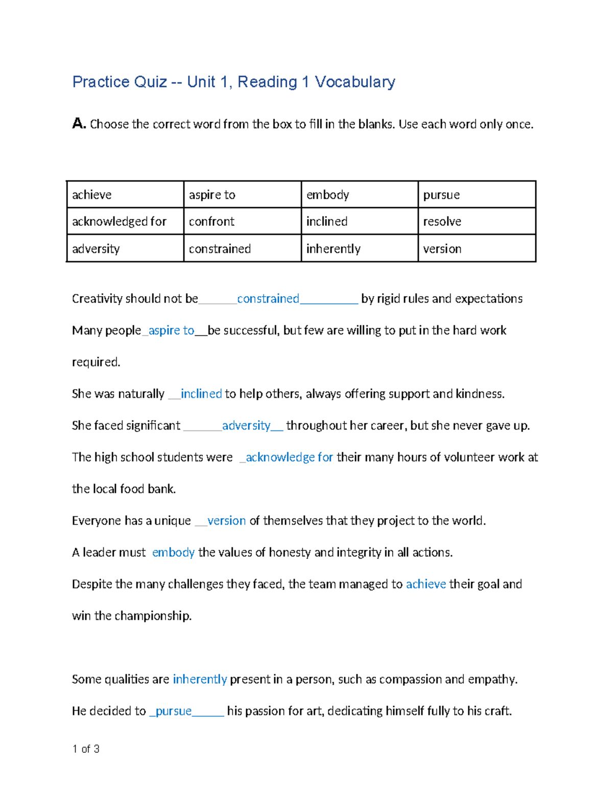 Practice Quiz - Unit 1, Reading 1 Vocabulary - Practice Quiz - Unit 1 ...