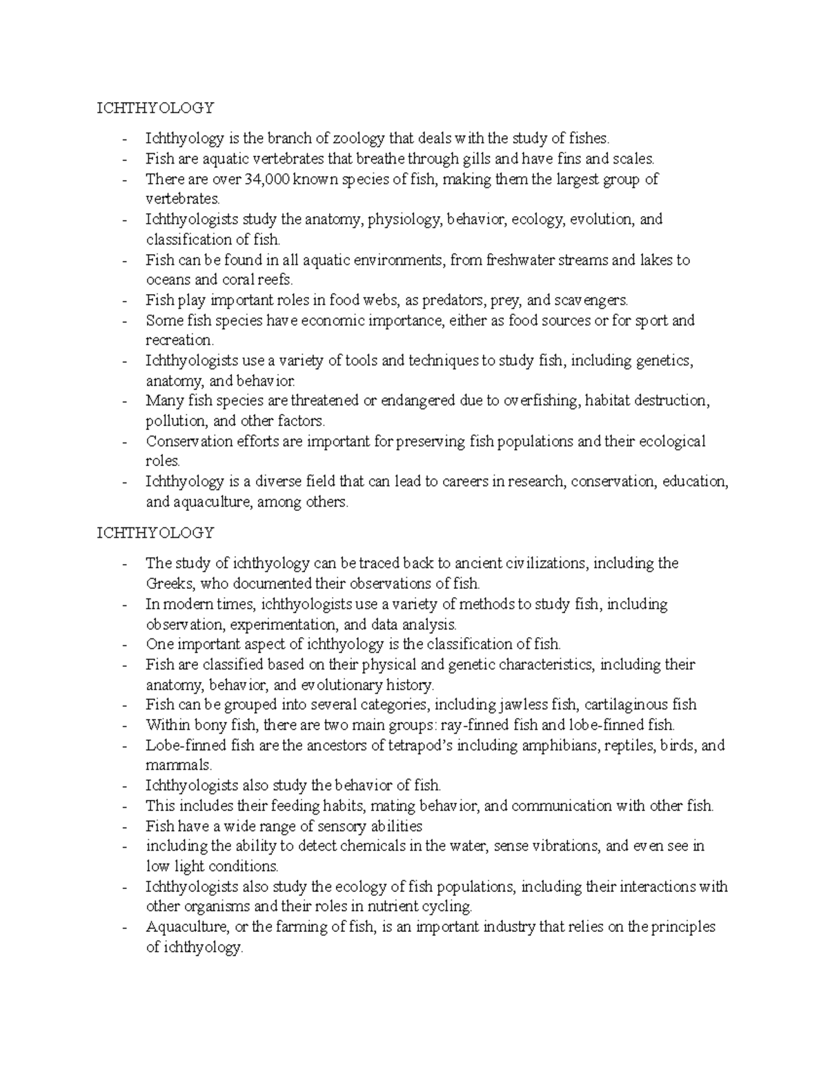 Ichthyology Notes 1 - Study of the biology of fishes: structure and ...