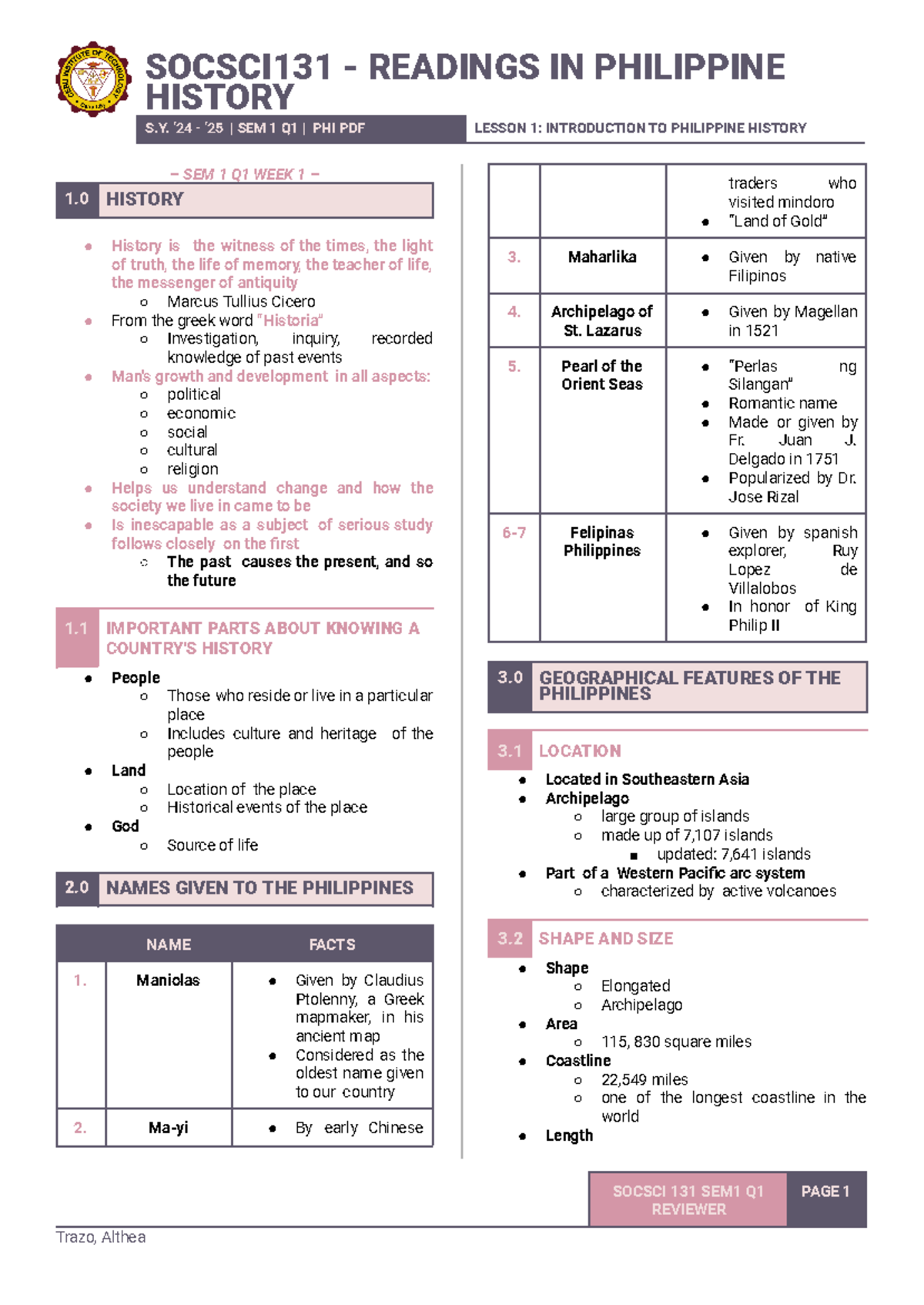 Socsci 131 Lesson 1 - HISTORY S. ‘24 - ‘25 | SEM 1 Q1 | PHI PDF LESSON 1: INTRODUCTION TO ...