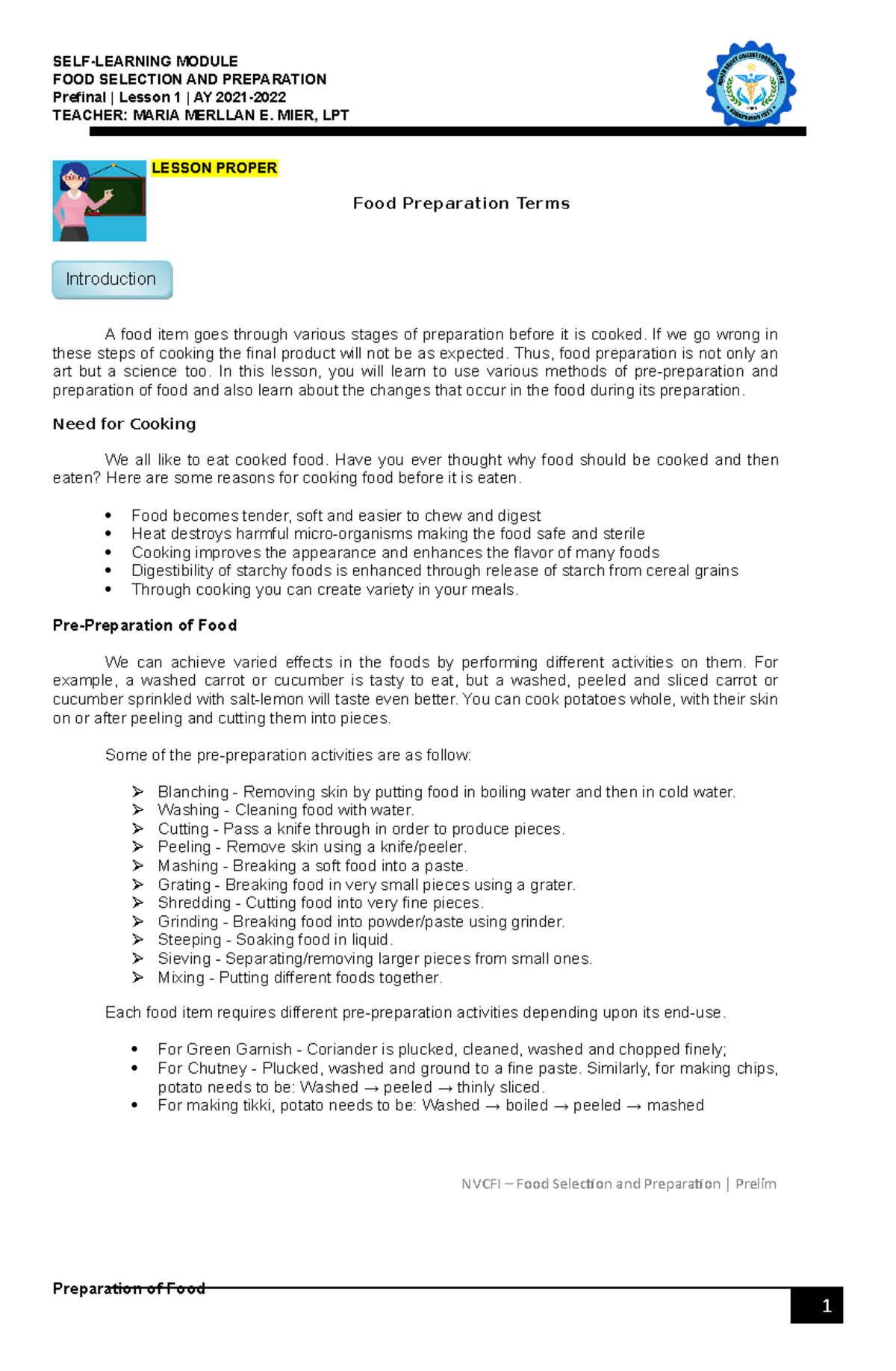 Prefinal 1 Continuation - SELF-LEARNING MODULE FOOD SELECTION AND ...