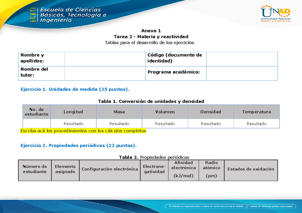 Anexo 1 - Anexo 1 Tarea 2 - Materia y reactividad Tablas para el desarrollo de los ejercicios ...