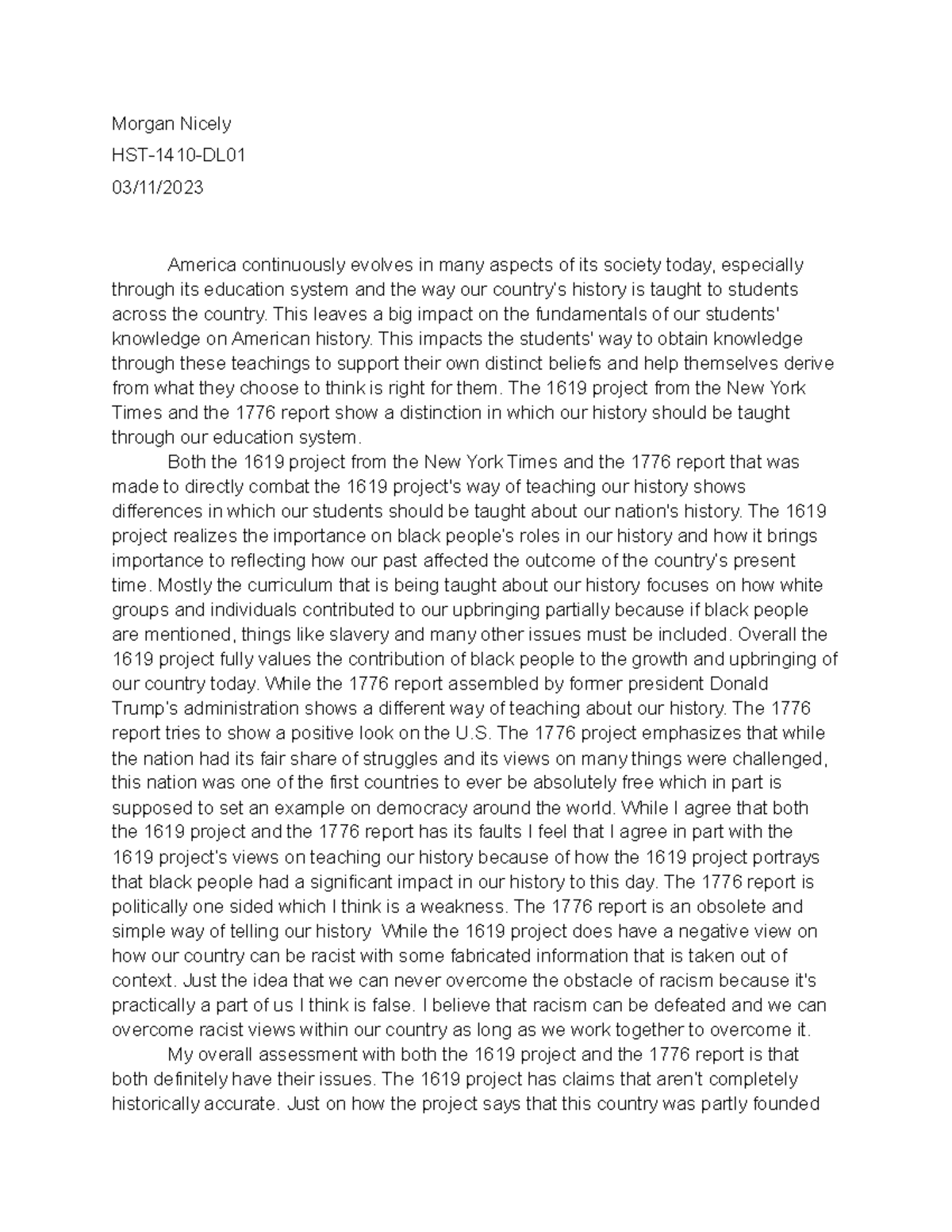 Reflection Paper The 1619 Project vs The 1776 Report Morgan Nicely ...