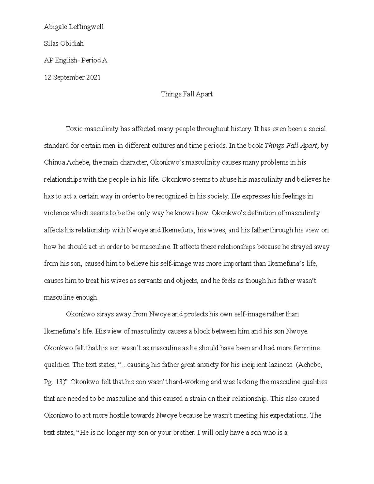 TFA- Masculinity - Silas Obidiah AP English- Period A 12 September 2021 Things Fall Apart Toxic ...