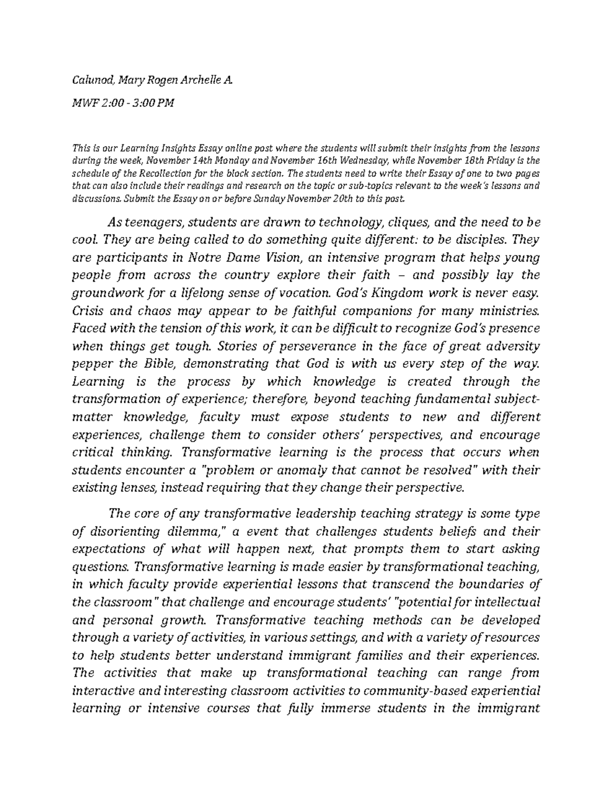 Final period Learning Insights Essay Week 15 - Calunod, Mary Rogen ...