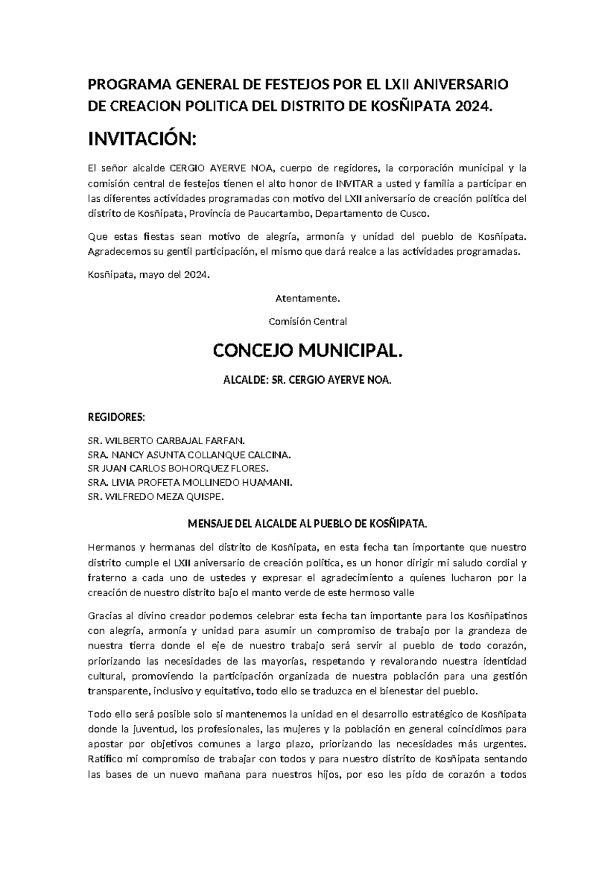 Programa General Aniversario Kosñipata - PROGRAMA GENERAL DE FESTEJOS POR EL LXII ANIVERSARIO DE ...