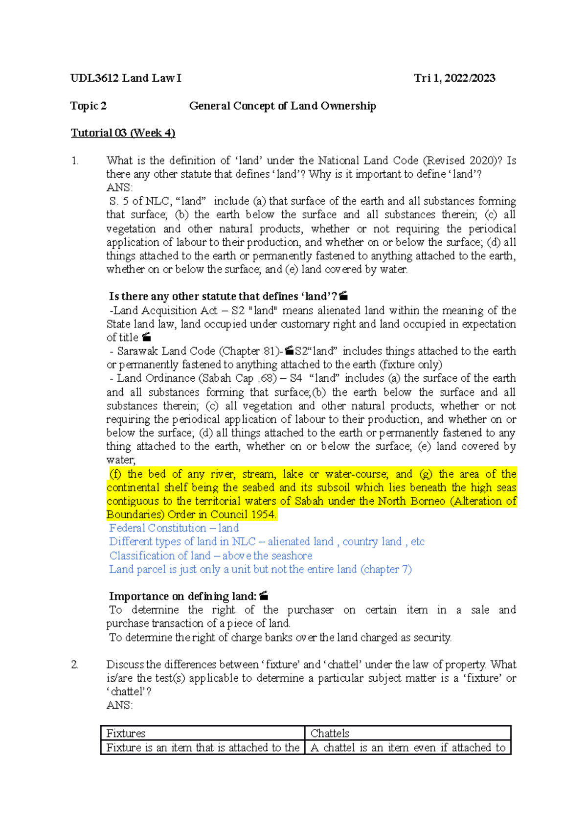 Land tutorial 2 - Just for reference - UDL3612 Land Law I Tri 1, 2022 ...