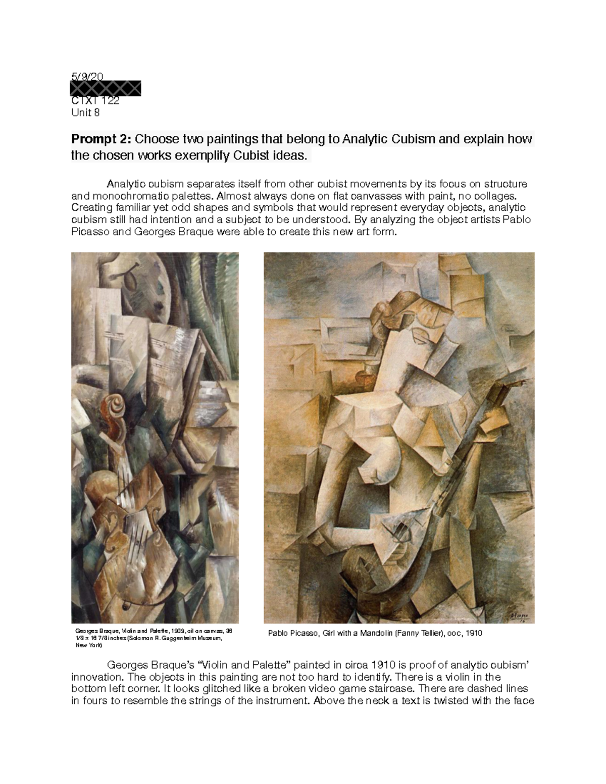 Unit 8 - notes on cubism - 5/9/ CTXT 122 Unit 8 Prompt 2: Choose two ...